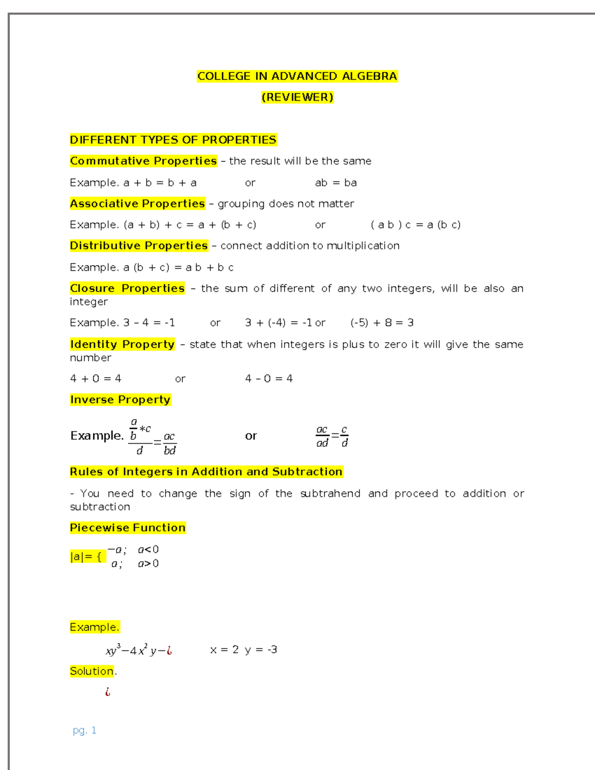 Advanced Algebra 021524 - COLLEGE IN ADVANCED ALGEBRA (REVIEWER ...