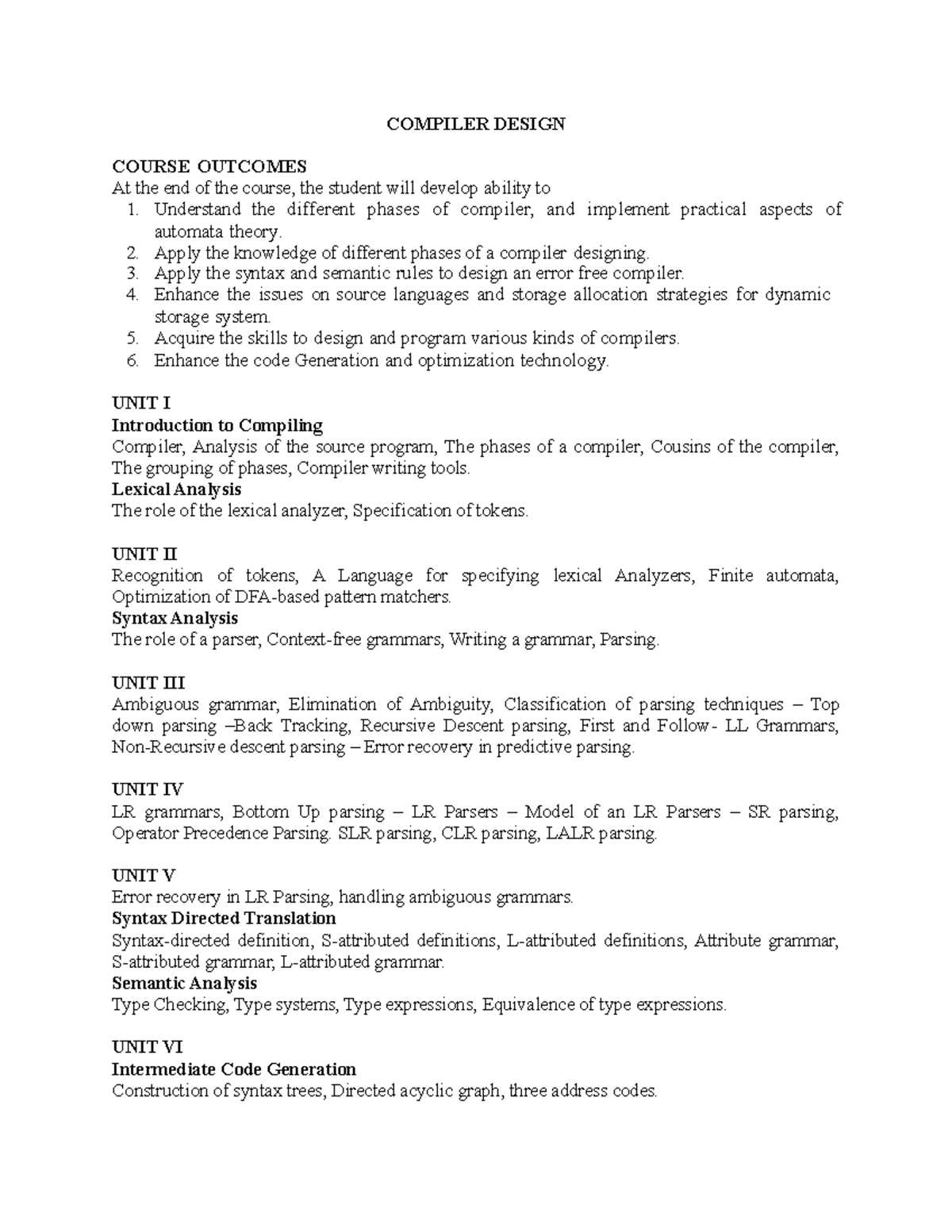 Compiler Design AND CD LAB - COMPILER DESIGN COURSE OUTCOMES At the end ...