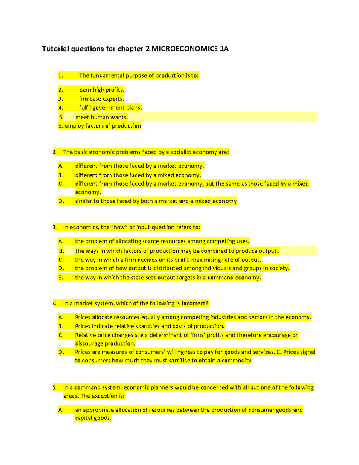 Tutorial questions for chapter 2 - increase exports. fulfil government plans. 5. meet human ...