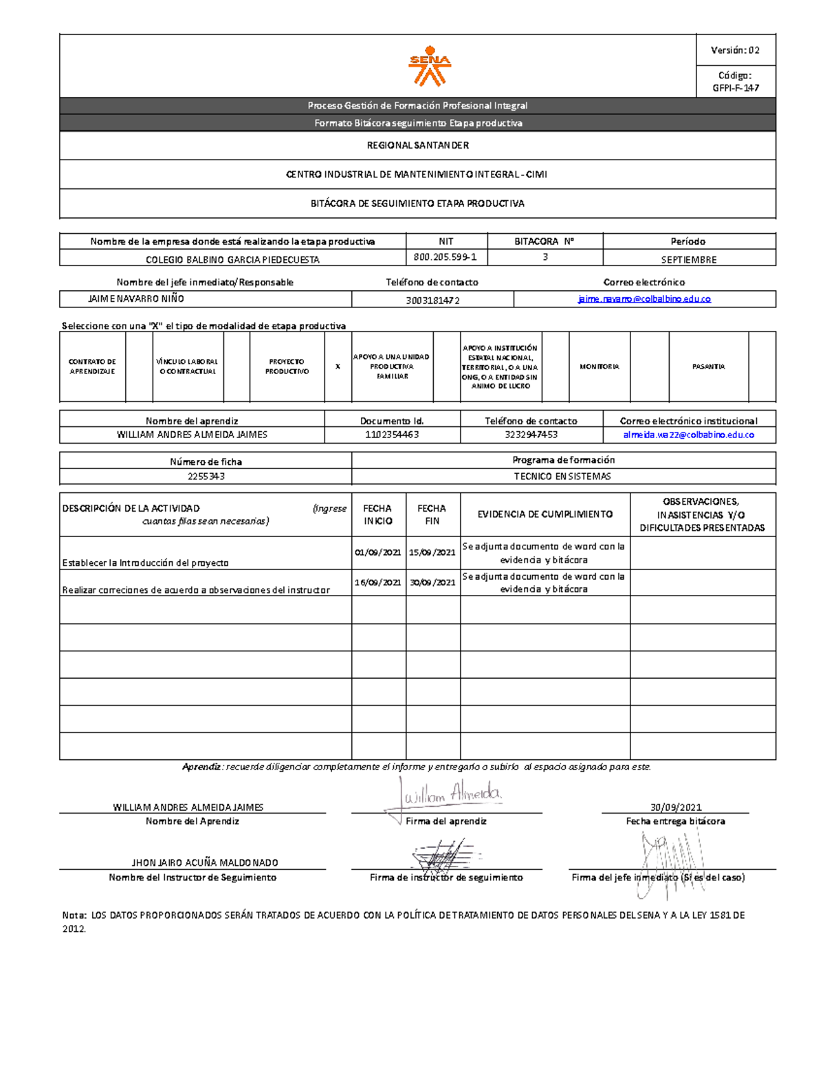 3 GFPI-F-147 Form Bitácora EP 01092021.xlsx - Formato Bitácora ...