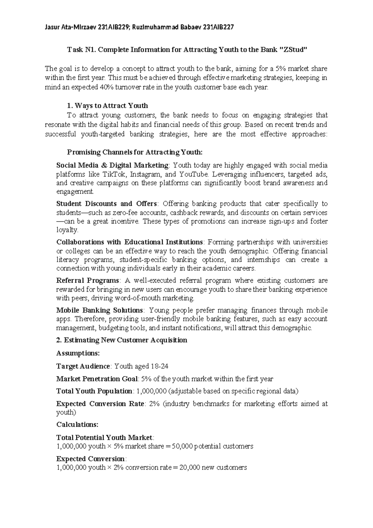 Group Work Bank of youth - Task N1. Complete Information for Attracting ...