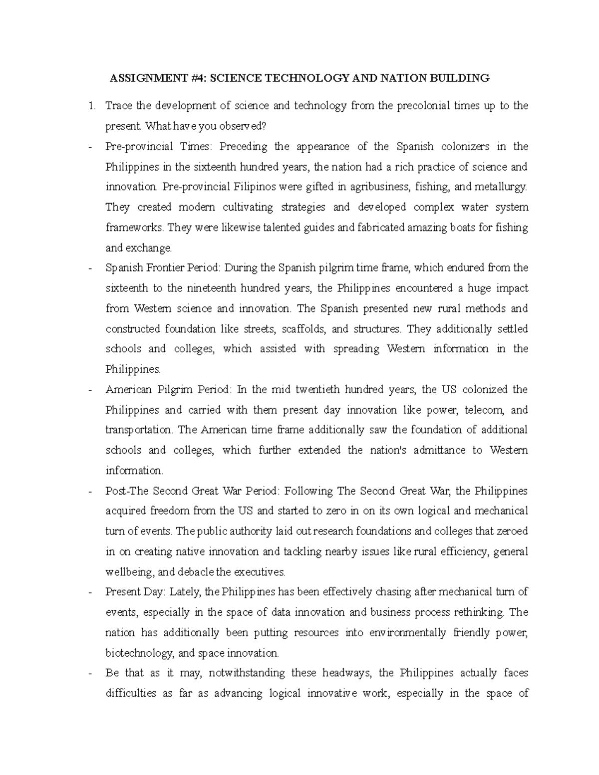 Assignment # 4 Science Technology AND Nation Building - ASSIGNMENT #4: SCIENCE TECHNOLOGY AND ...
