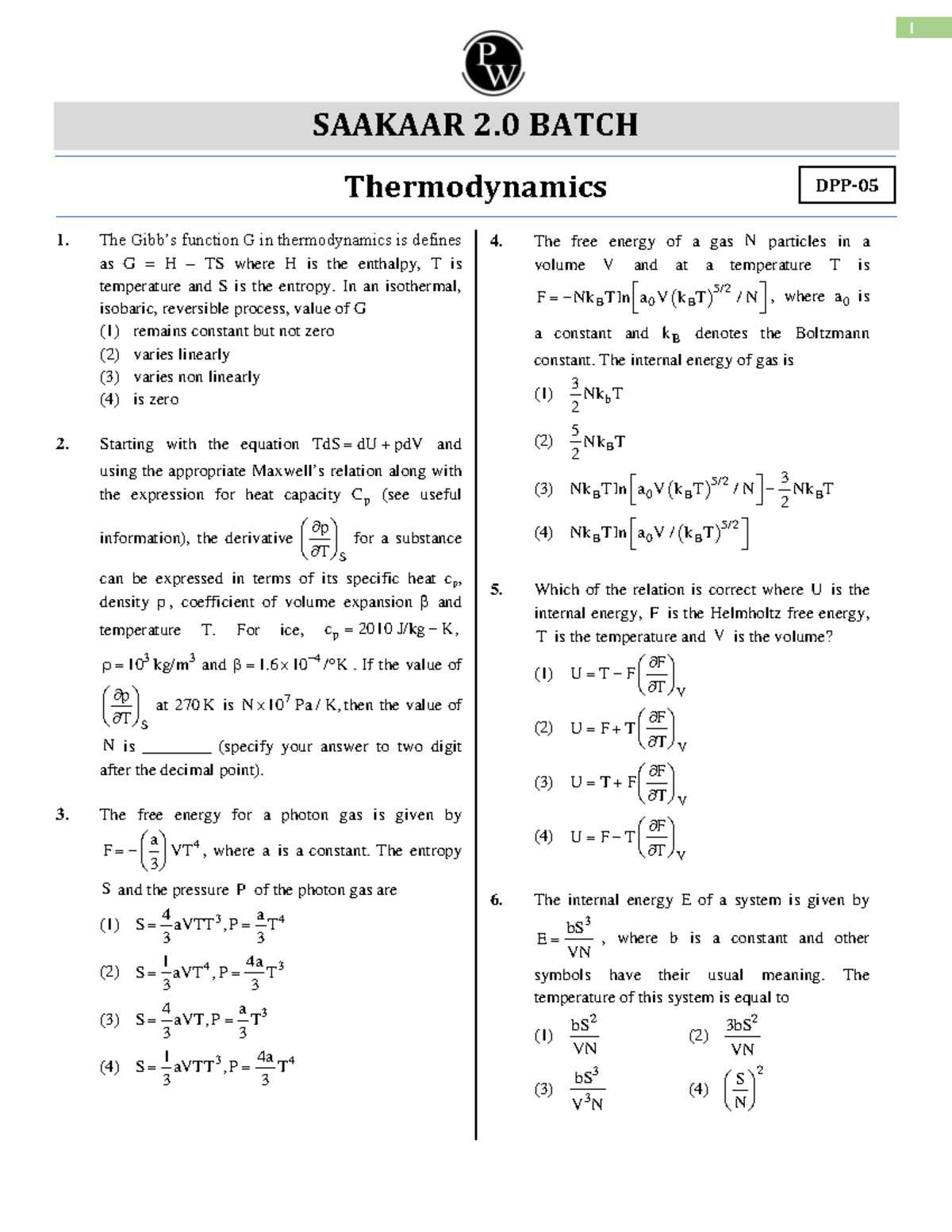 Thermodynamics DPP 05 (of Lec 13) Saakaar 2.0 Batch for IIT JAM 2024 Physics - SAAKAAR 2 BATCH ...