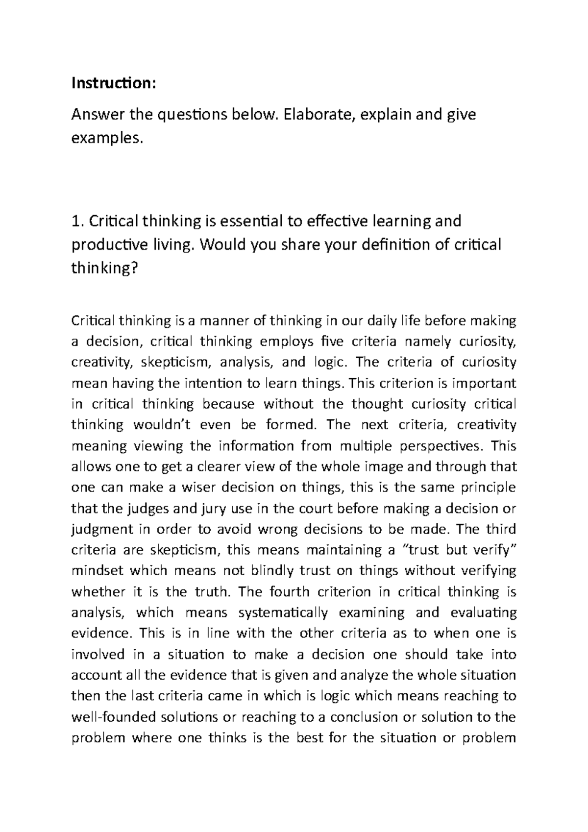 CTS - CTS - Instruction: Answer the questions below. Elaborate, explain ...