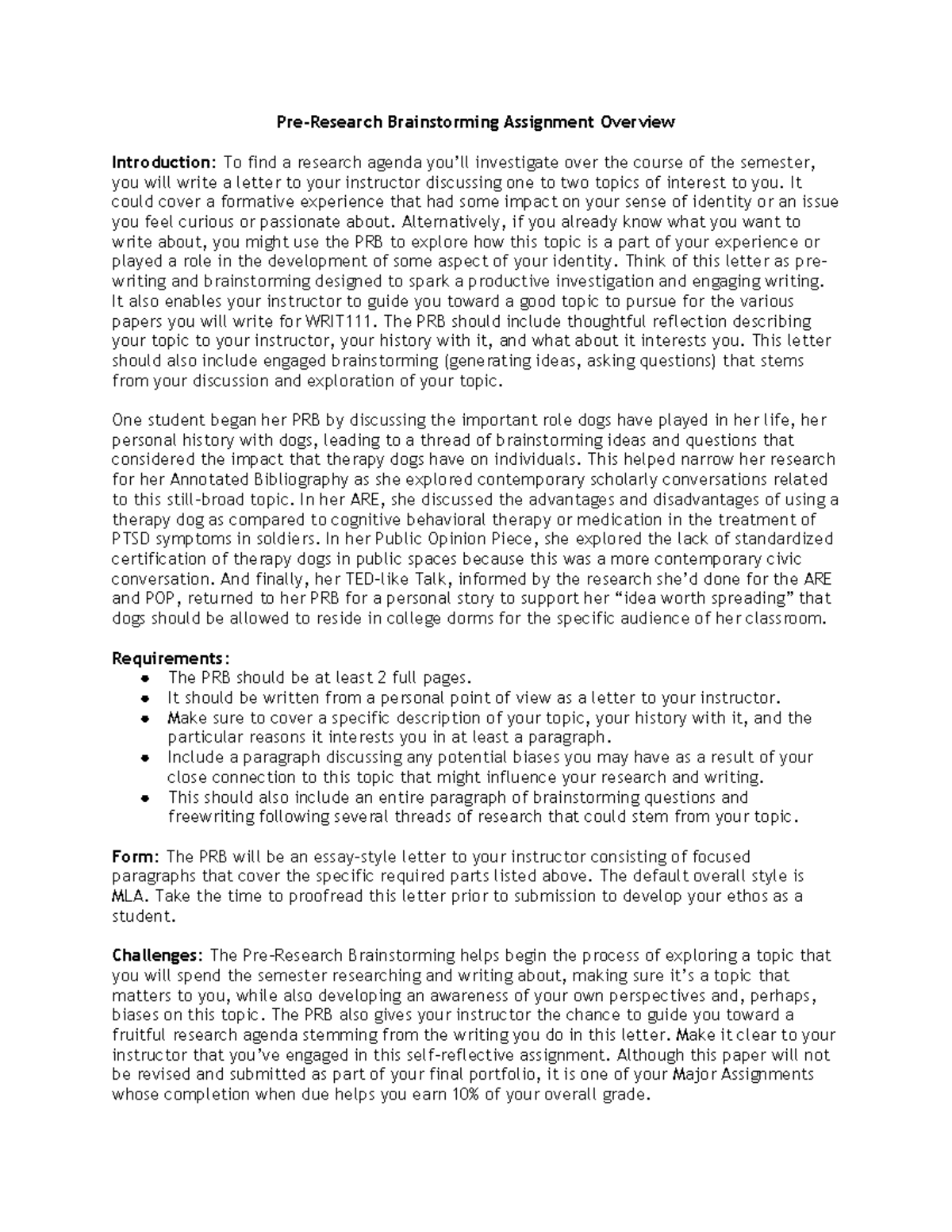 Pre Research Brainstorming Assignment Overview 3 - Pre-Research ...