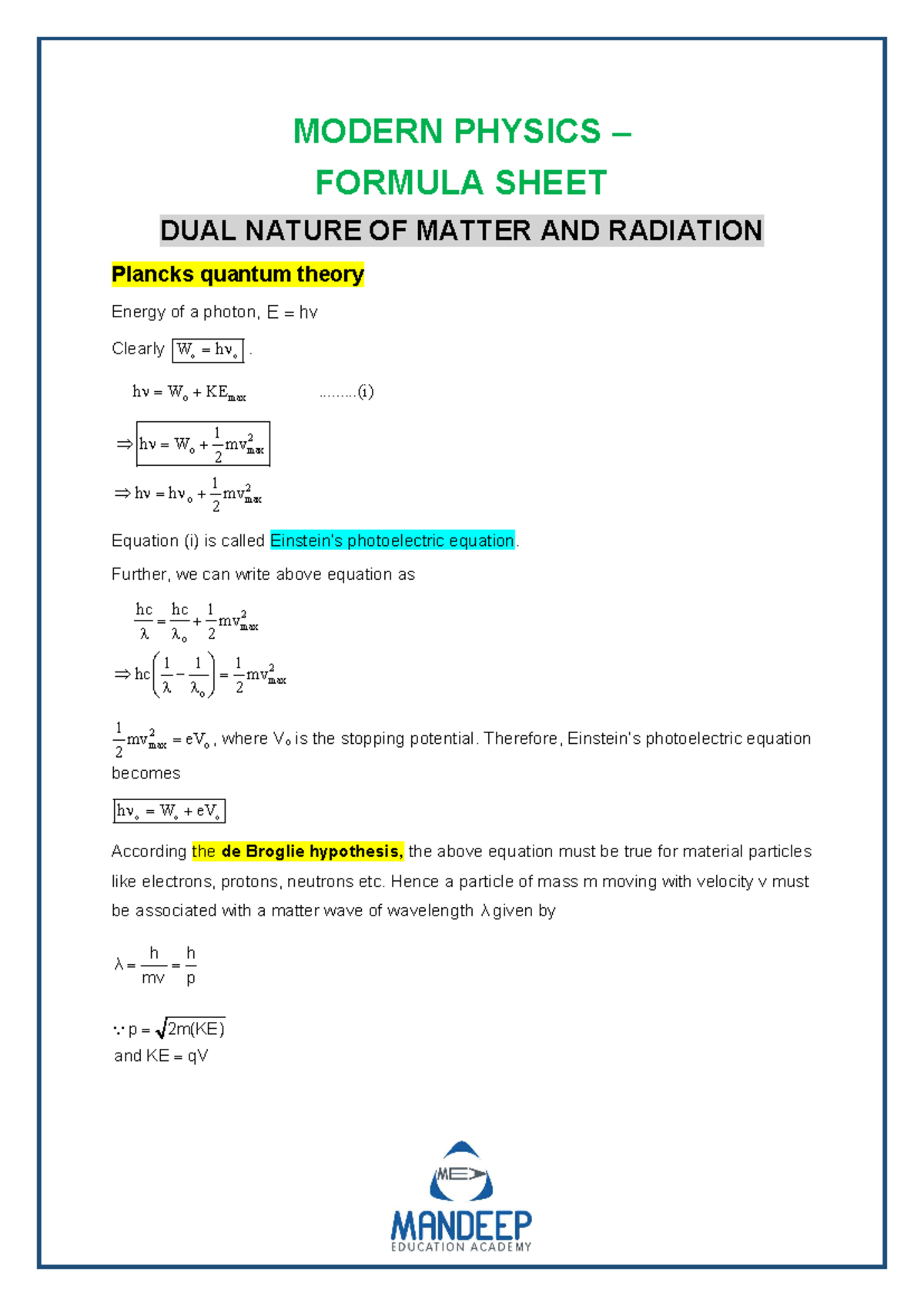 Modern Physics Formula Sheet - MODERN PHYSICS – FORMULA SHEET DUAL ...