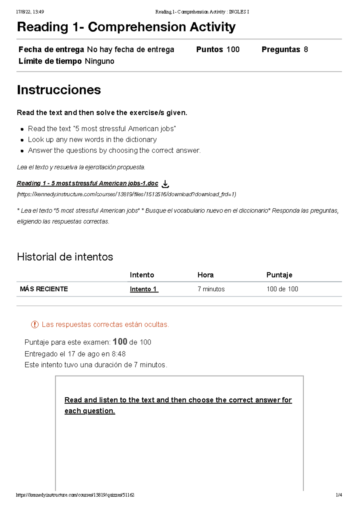 Reading 1- Comprehension Activity Ingles I - Reading 1- Comprehension ...