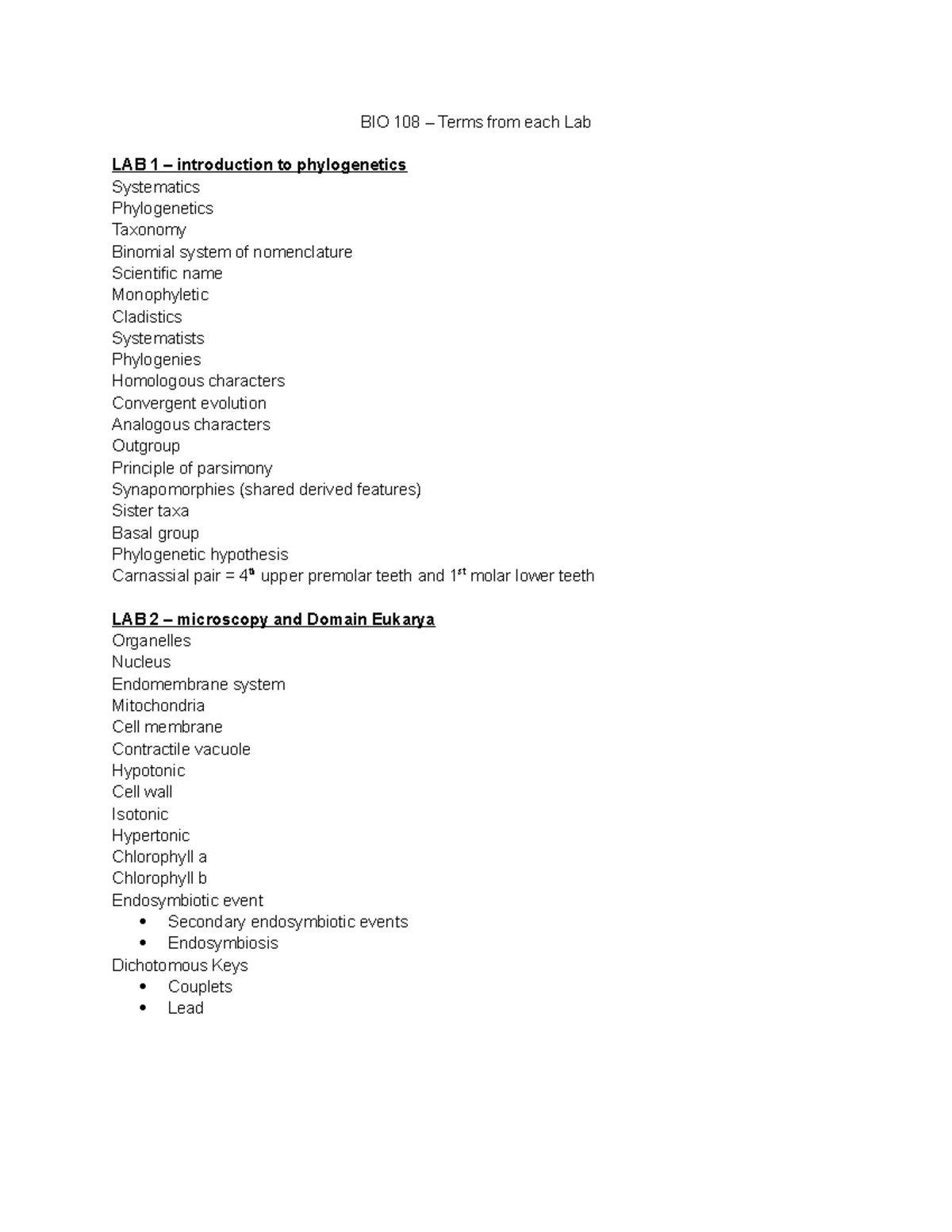 BIO 108 - LAB Final - BIO 108 – Terms from each Lab LAB 1 ...