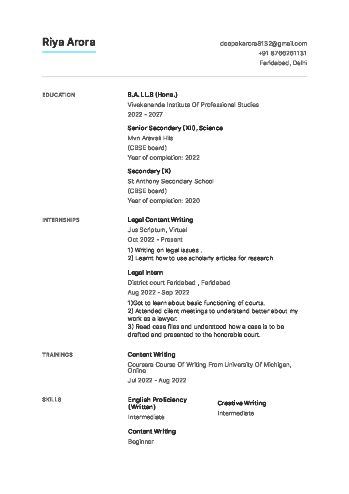 Riya Arora Internshala Resume - R iya Aro r a d eep ak arora8 1 32@g ...