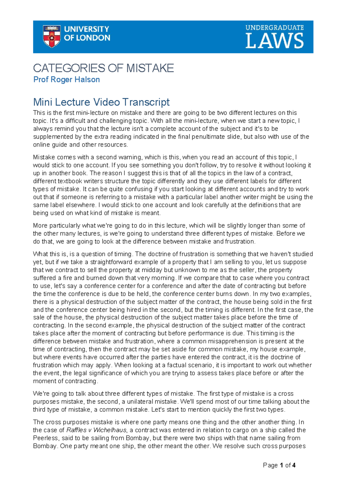Topic 8a mistake - CATEGORIES OF MISTAKE Prof Roger Halson Mini Lecture Video Transcript This is ...