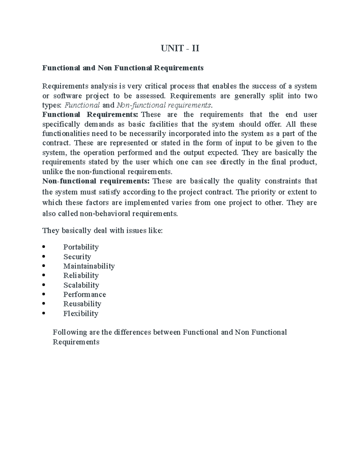 SE UNIT - 2 - Btech cse 2nd year 2nd sem - UNIT - II Functional and Non Functional Requirements ...