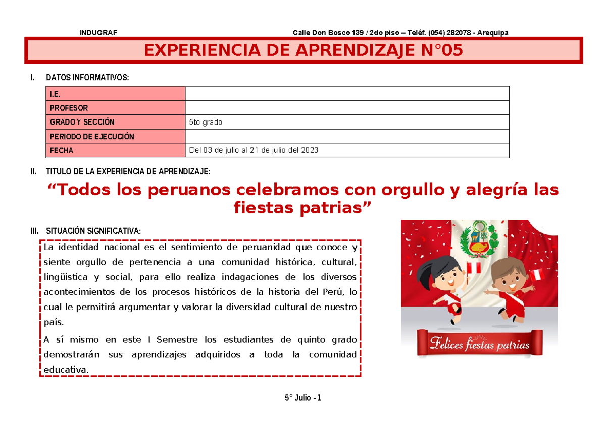 5° Grado - Experiencia DE Aprendizaje N°05 - EXPERIENCIA DE APRENDIZAJE N° I. DATOS INFORMATIVOS ...