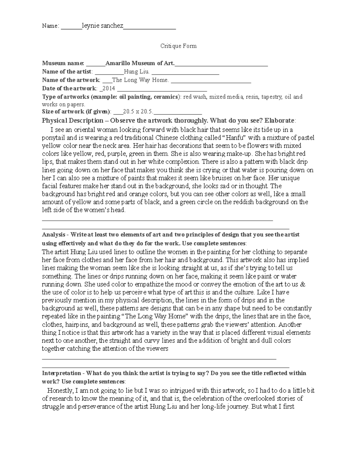 Critique Form 2021 - notes - Name: leynie sanchez_________ Critique ...
