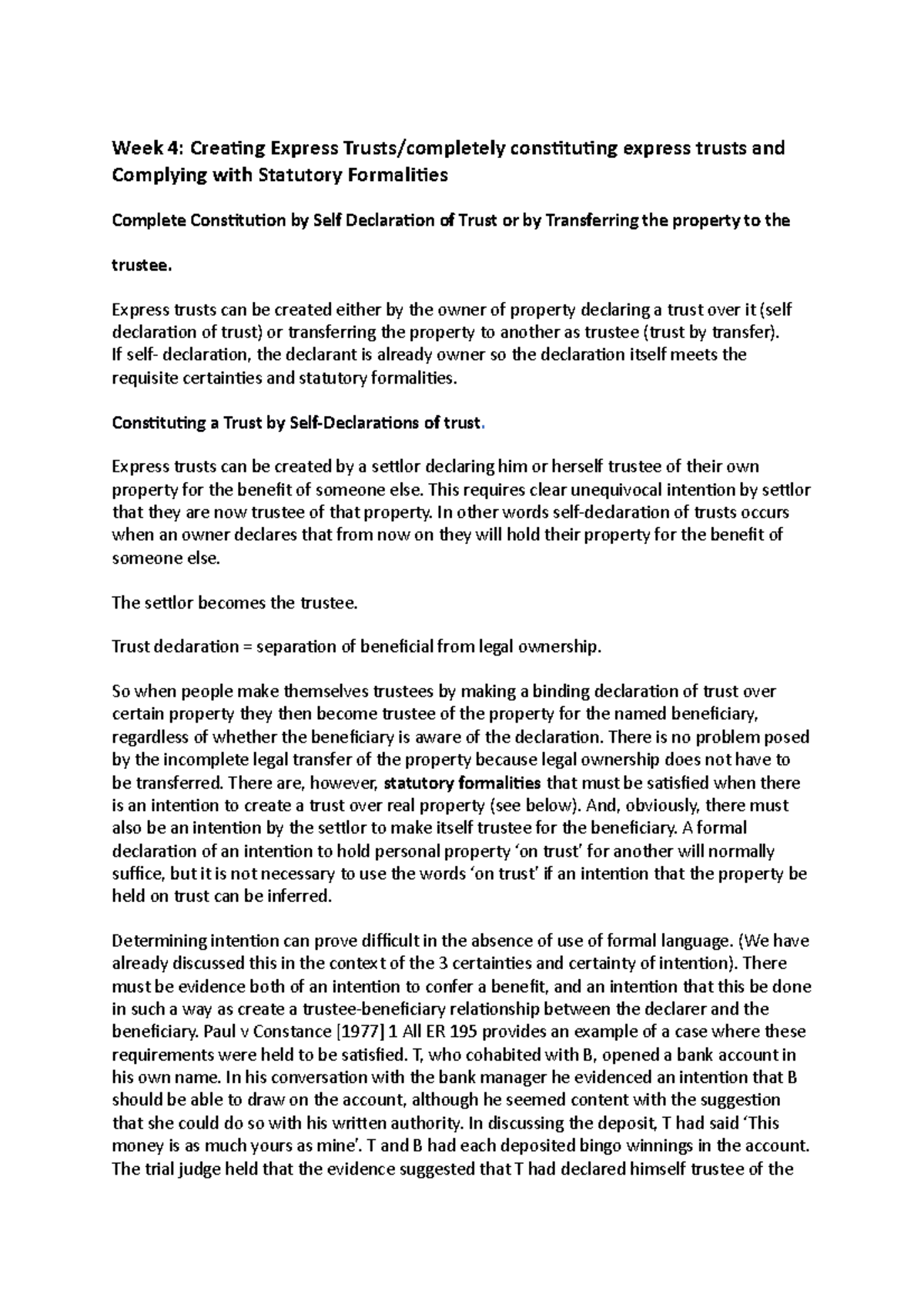 Week 4- Creating Express Trusts:completely constituting express trusts ...