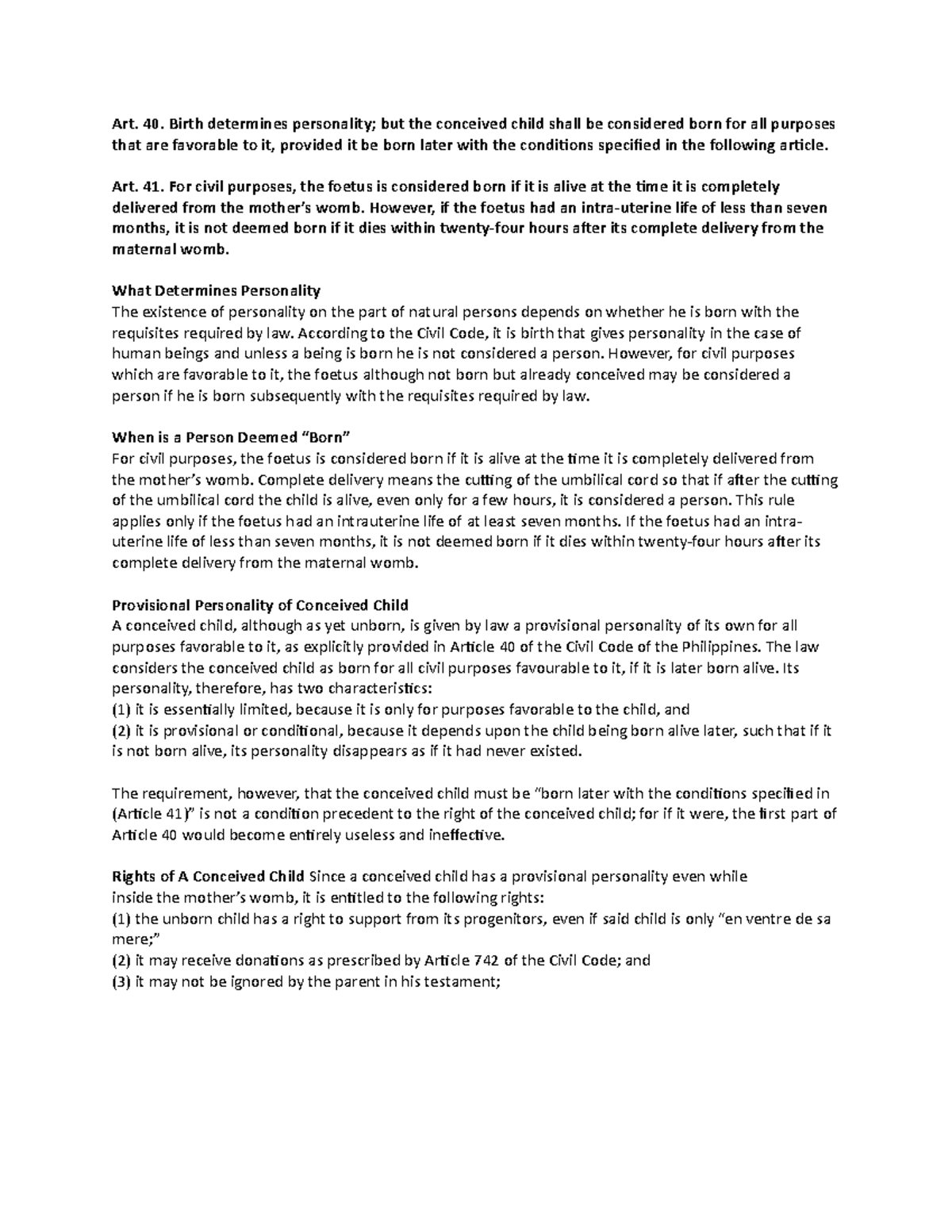 Article 40 and 41 - summary - Persons and Family Relations Law - Art ...