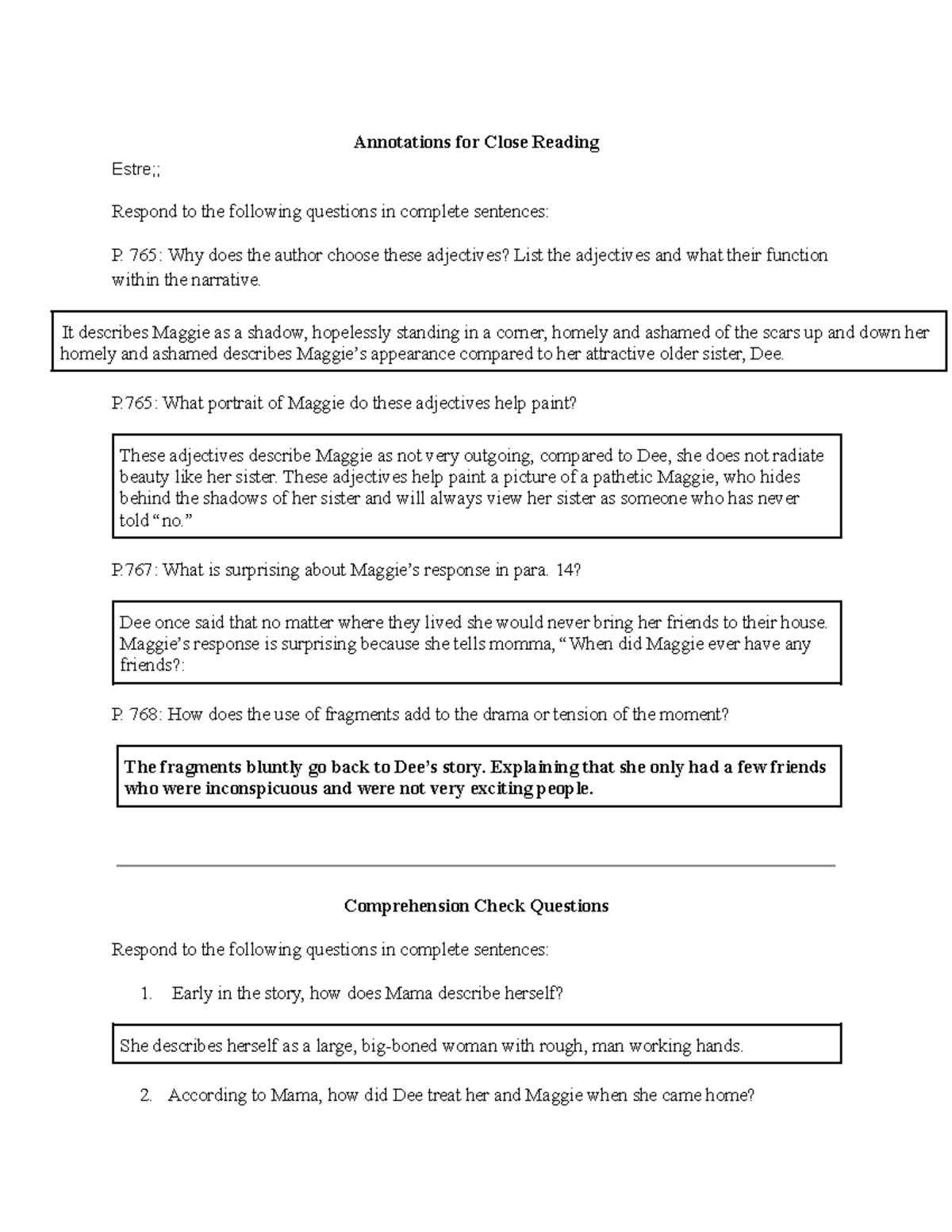 Copy of Everyday Use Q&A - Annotations for Close Reading Estre ...