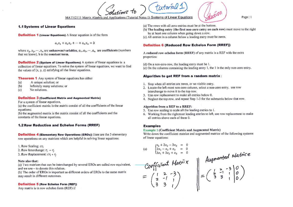 Solutions to MATH 2111 (Tutorial Notes 1) Systems of Linear Equations ...