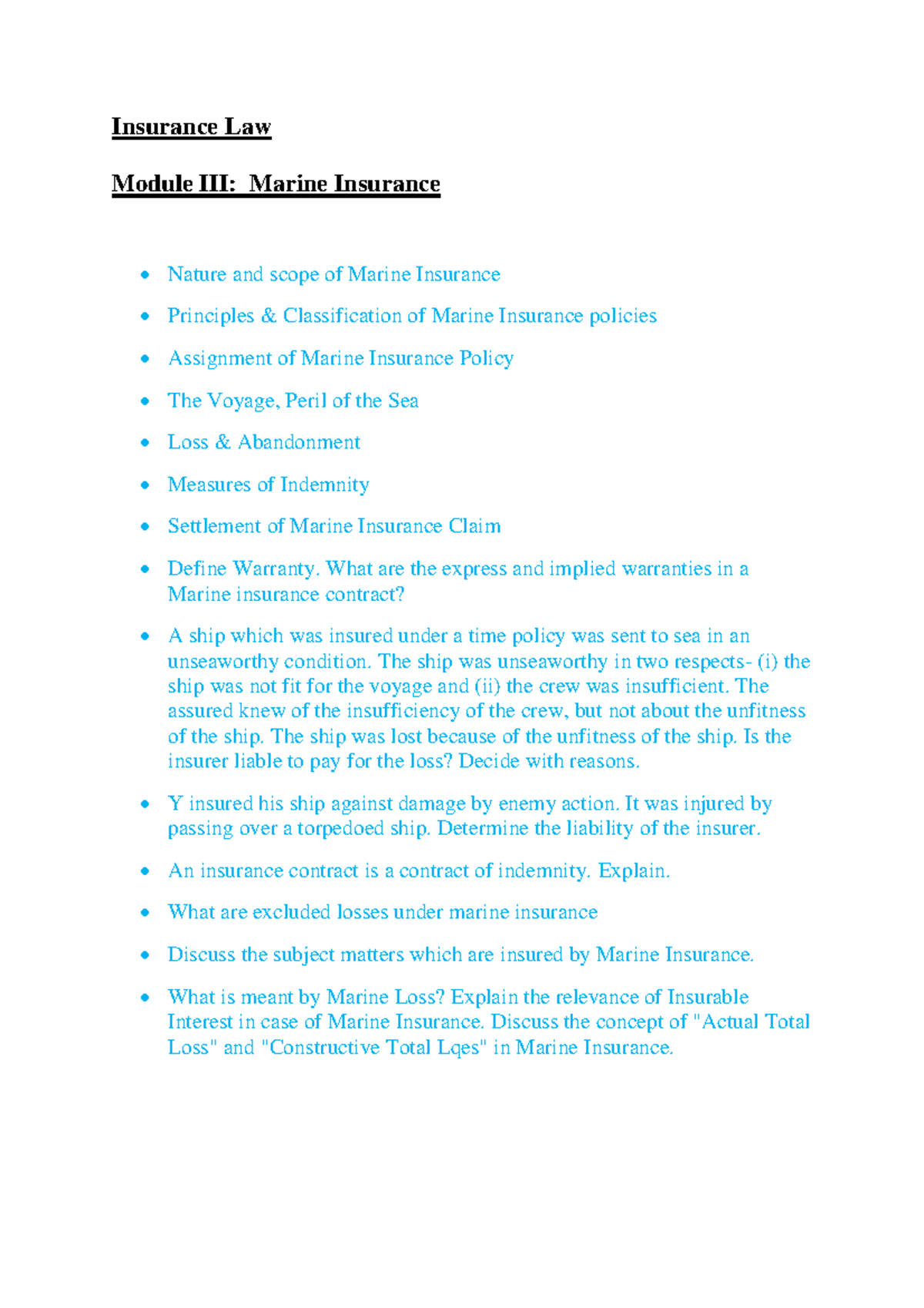 Module 4 insurance - Insurance Law Module III: Marine Insurance Nature ...