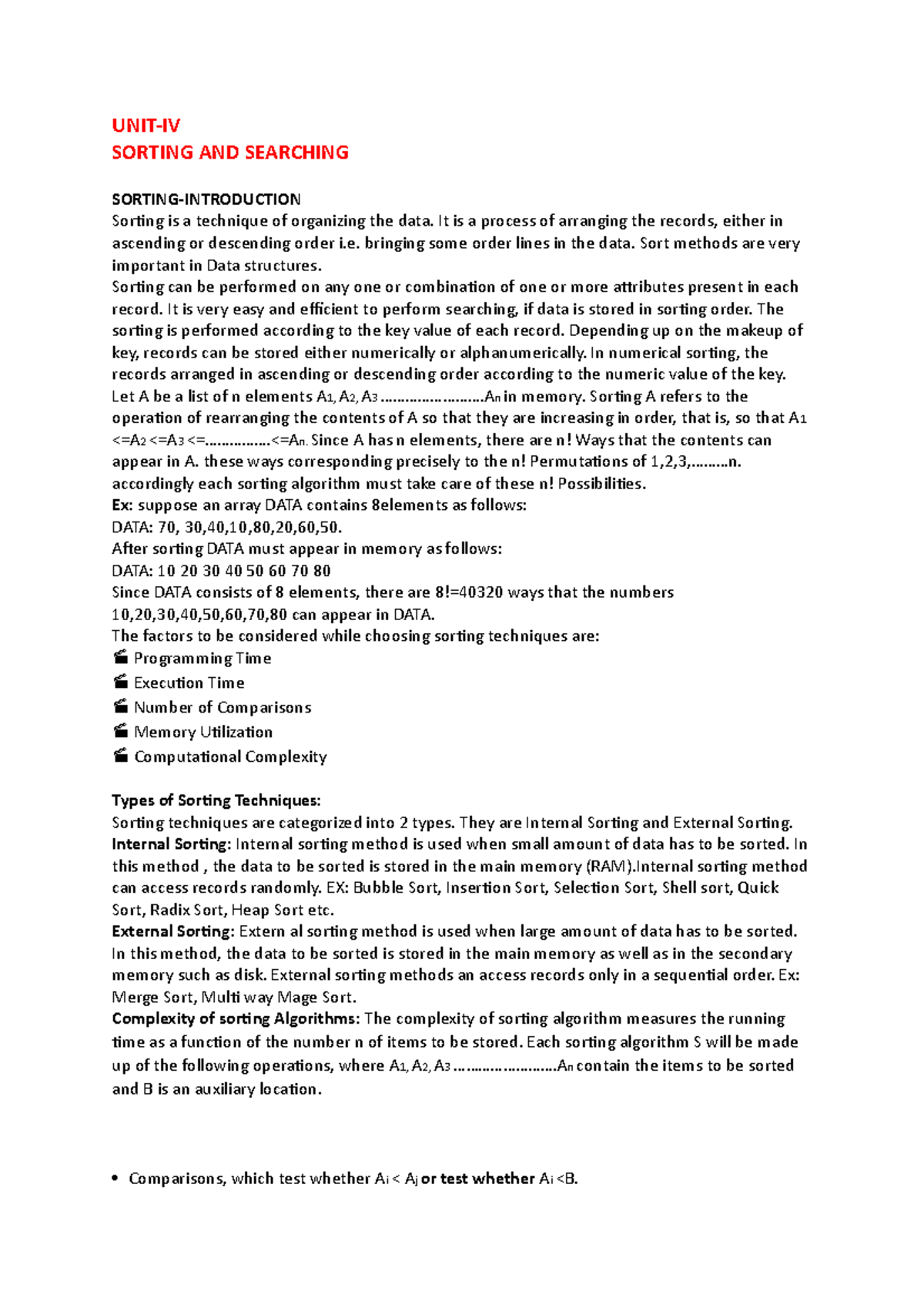 Data Stucture 1 Unit Iv Sorting And Searching Sorting Introduction Sorting Is A Technique Of