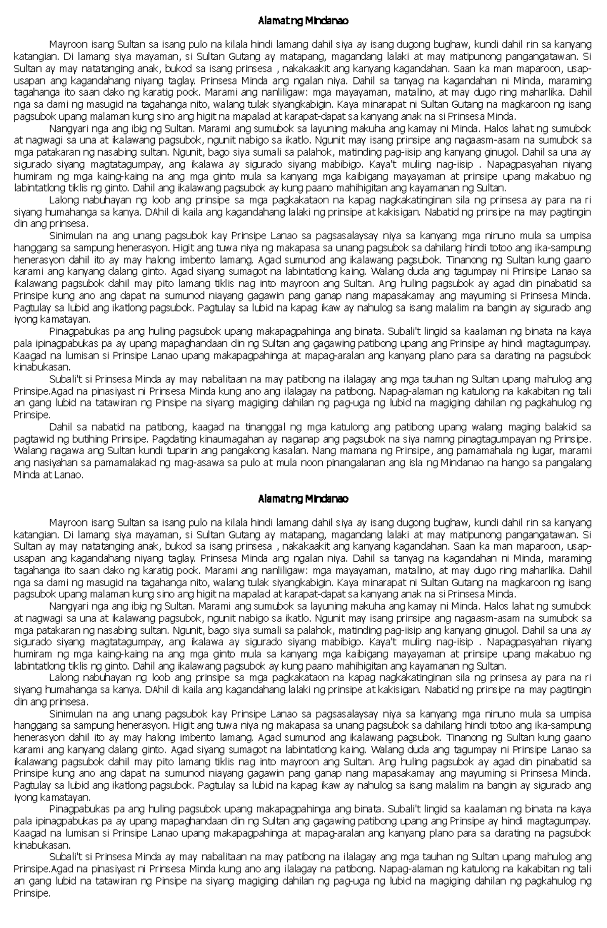 Alamat ng Mindanao - Summary - Alamat ng Mindanao Mayroon isang Sultan ...