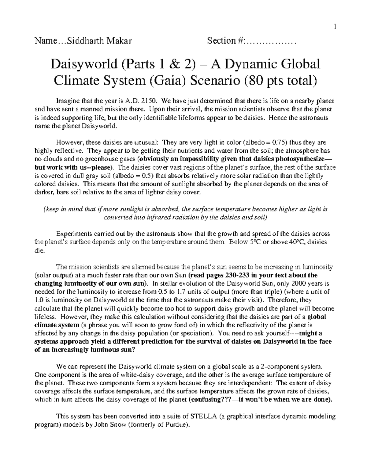 Daisyworld: A Dynamic Global Climate System - Studocu