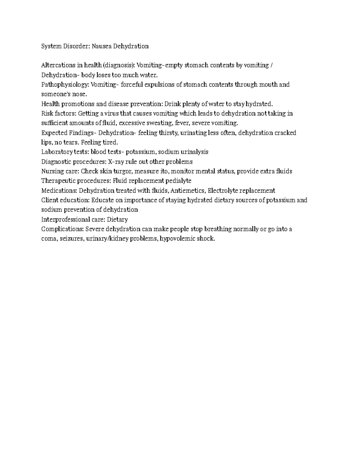 System Disorder Nausea Dehydration - System Disorder: Nausea ...