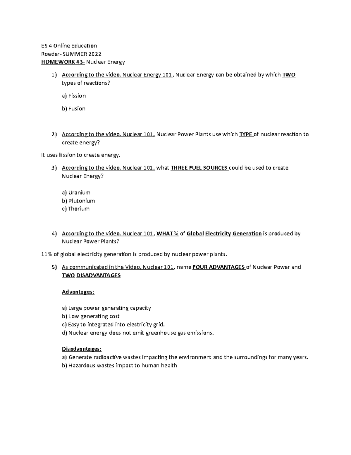 3. Homework Assignment # 3 Nuclear Energy Summer 2022 - ES 4 Online ...