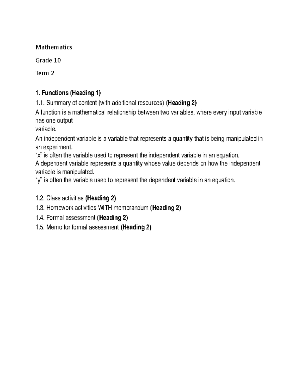 Mathematics Mathematics Grade 10 Term 2 1 Functions Heading 1 