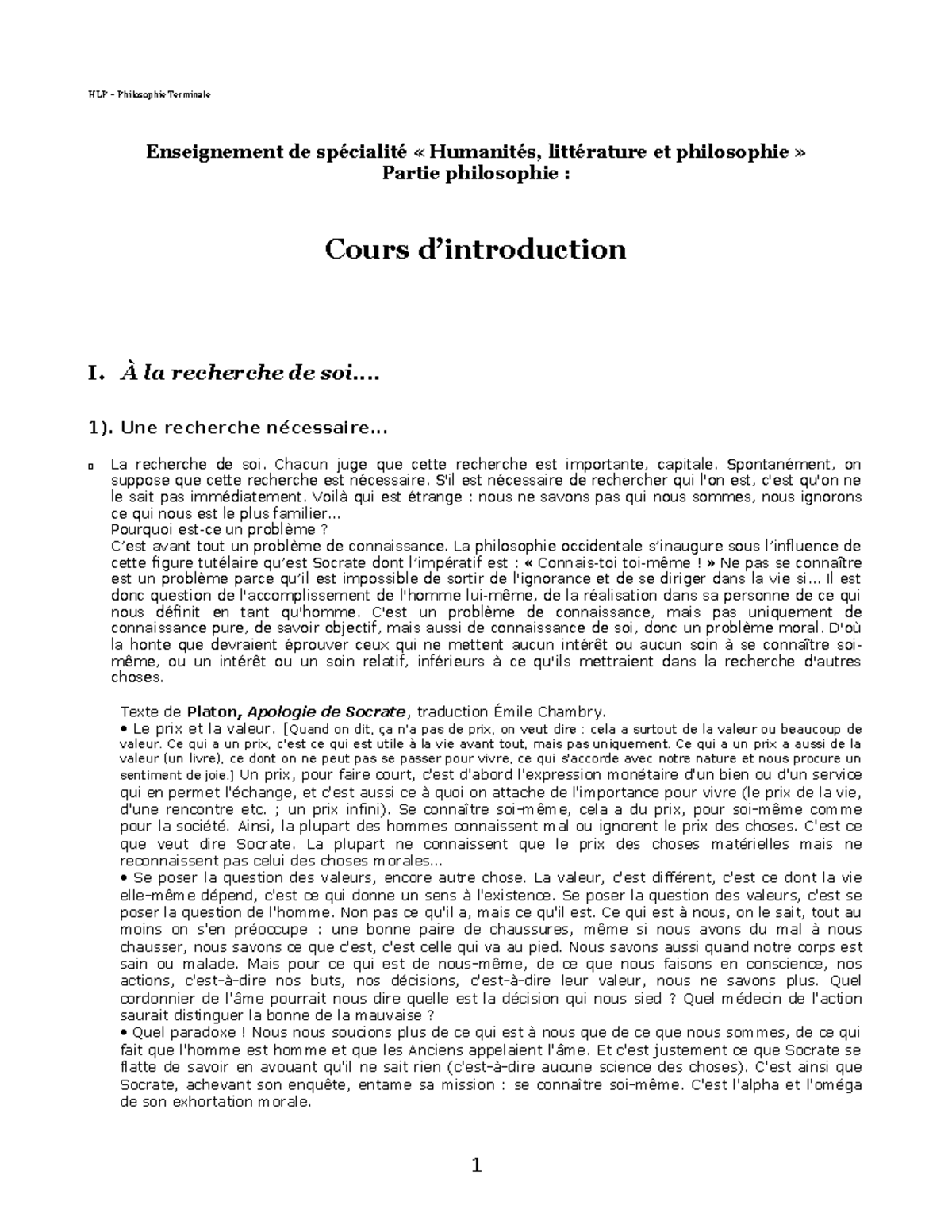 Cours d'introduction - HLP – Philosophie Terminale Enseignement de ...