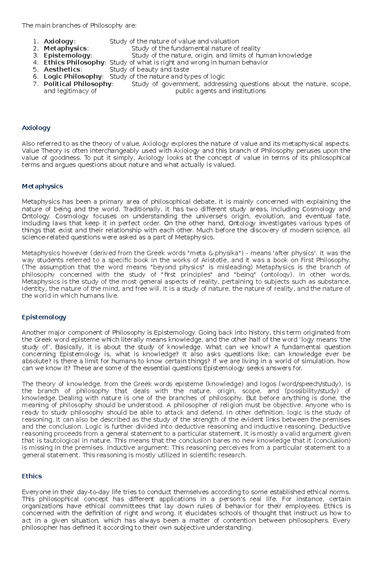 The main branches of Philosophy - Value Theory is often interchangeably ...