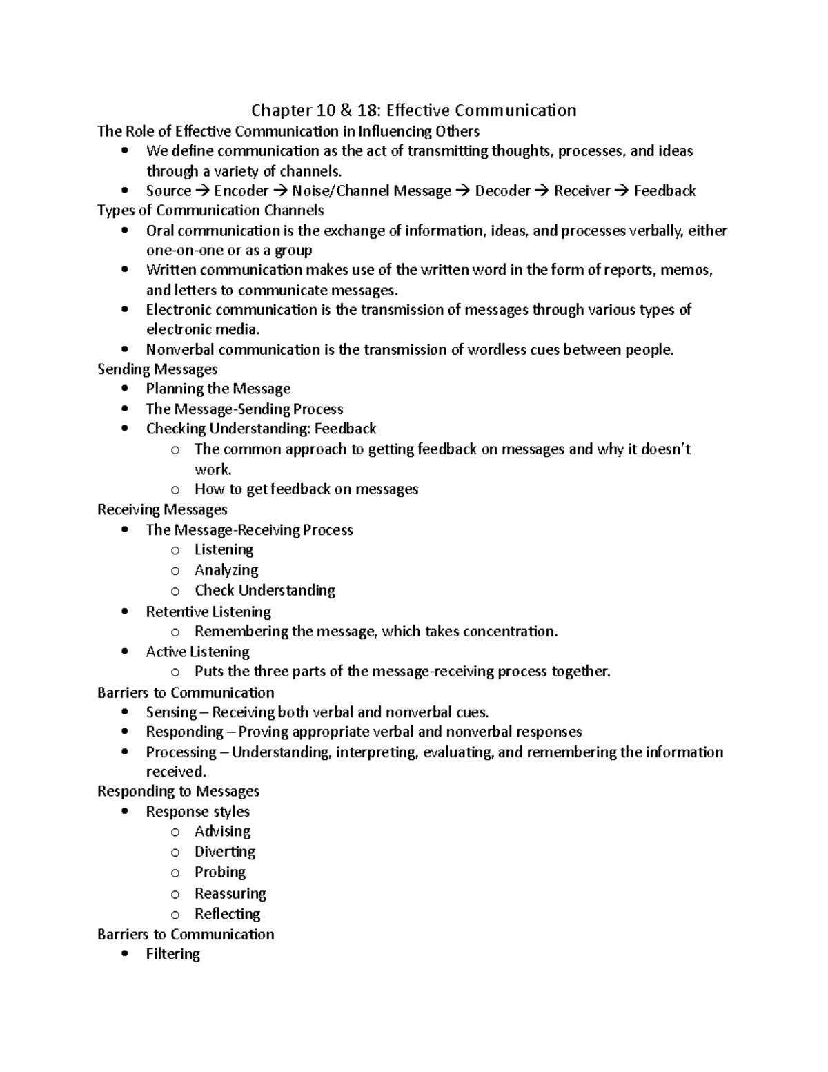 MGMT-261 Chapter 10 and 18 - Chapter 10 & 18: Effective Communication The Role of Effective ...