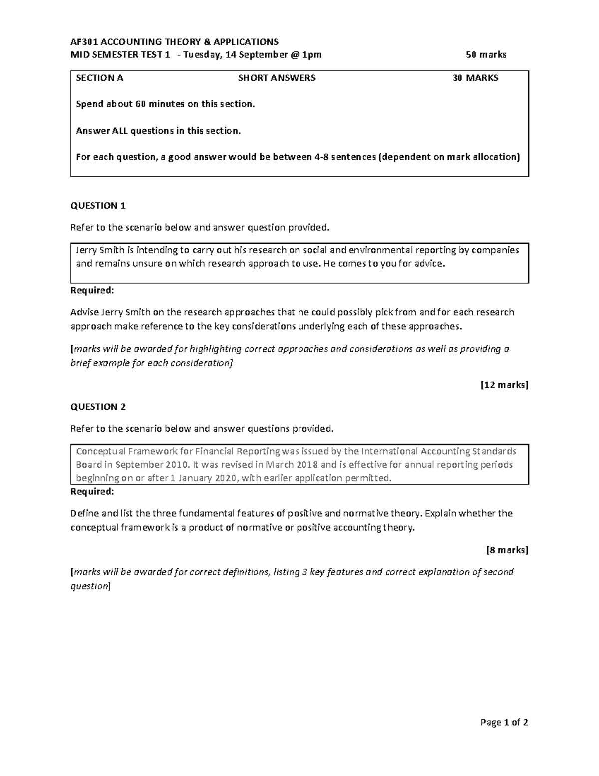 S2 2021 Mid Test Questions - AF301 ACCOUNTING THEORY & APPLICATIONS MID ...