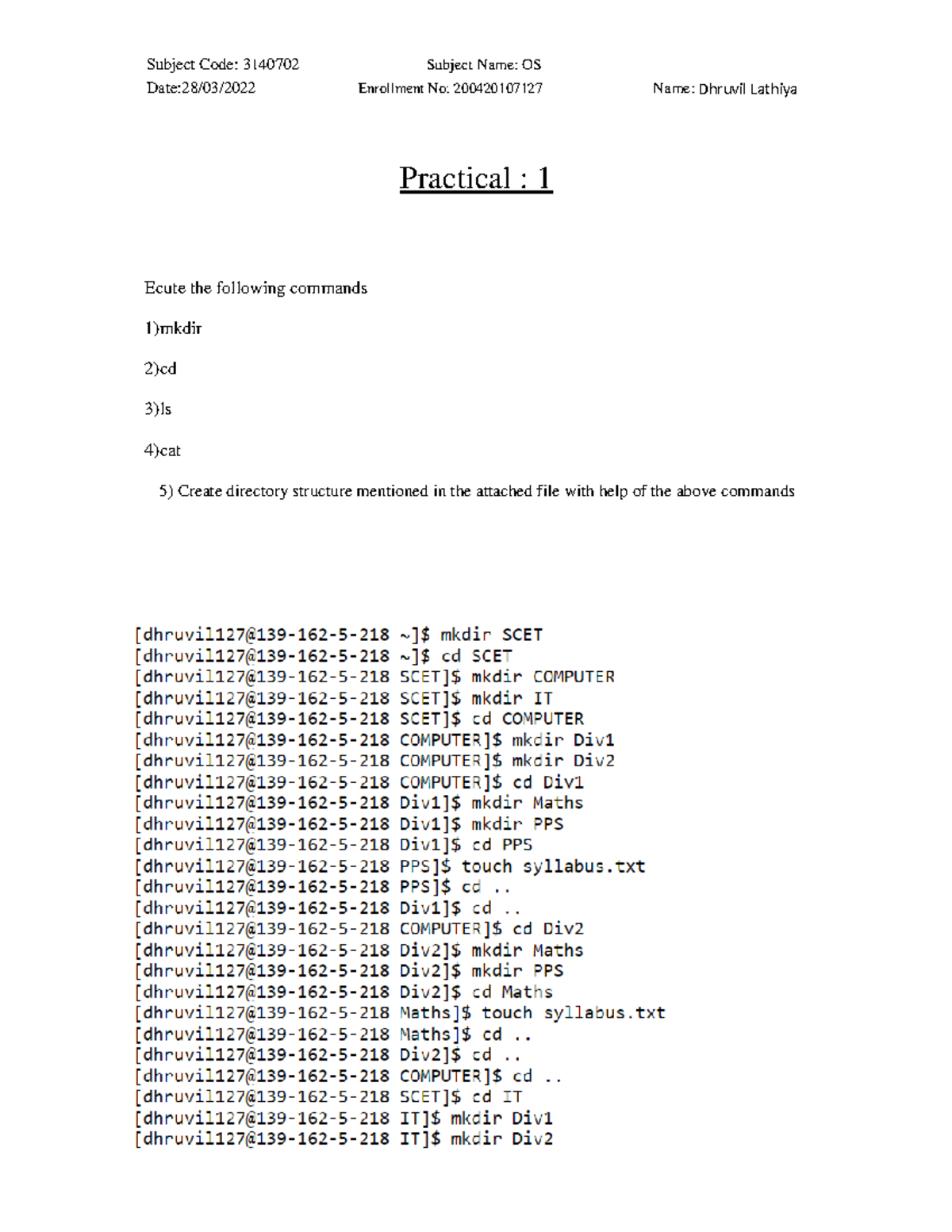 basic command in os - Date:28/03/2022 Enrollment No: 200420107127 Name ...