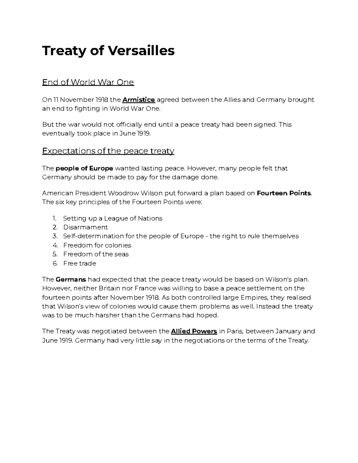 CORE 1 & 2 - igcse notes - Treaty of Versailles End of World War One On ...