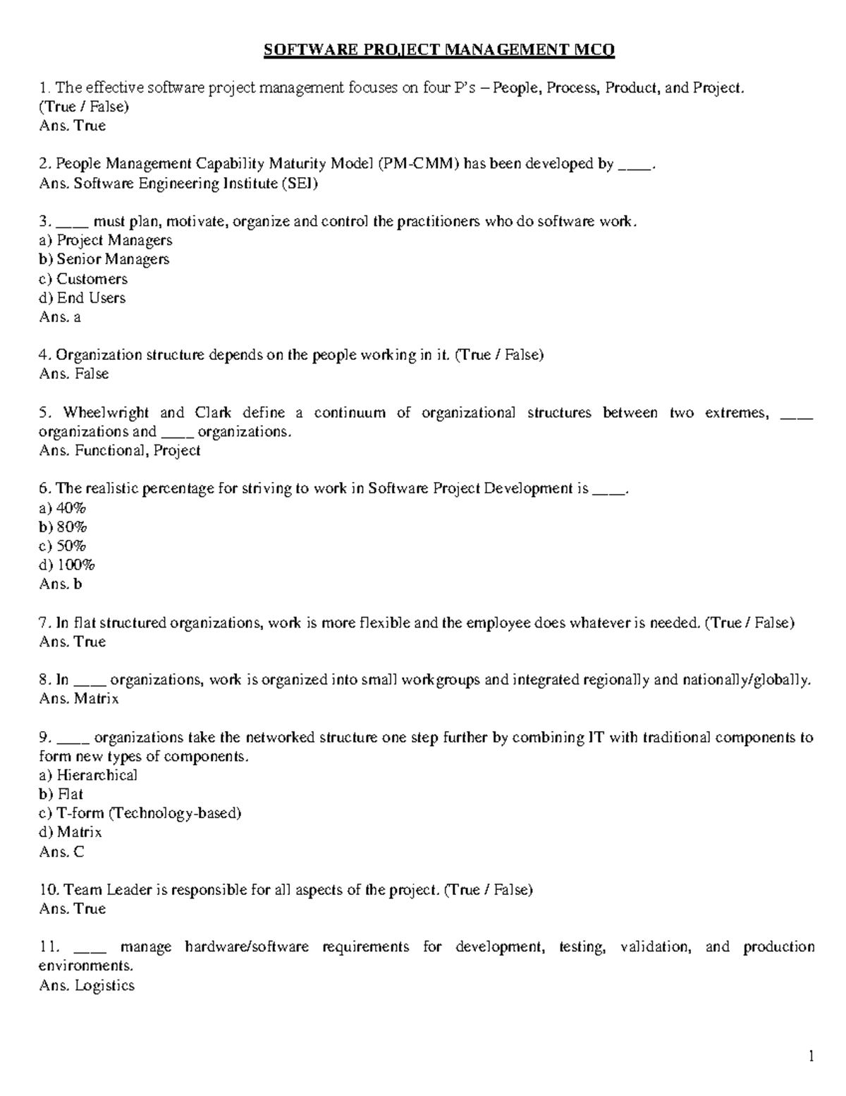 Software Project Management MCQs - SOFTWARE PROJECT MANAGEMENT MCQ The ...