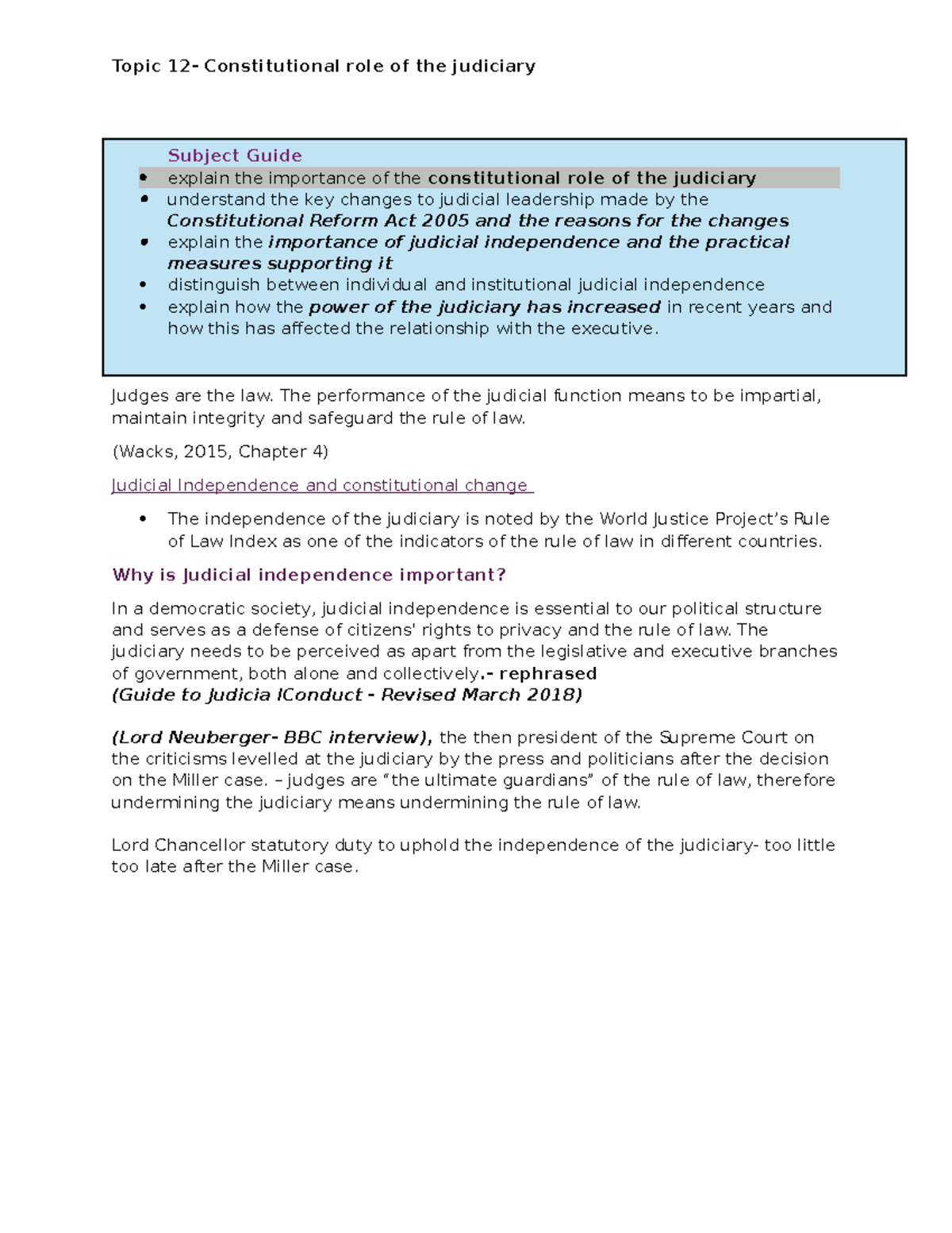 Subject Guide - Topic 12- Constitutional role of the judiciary Subject ...