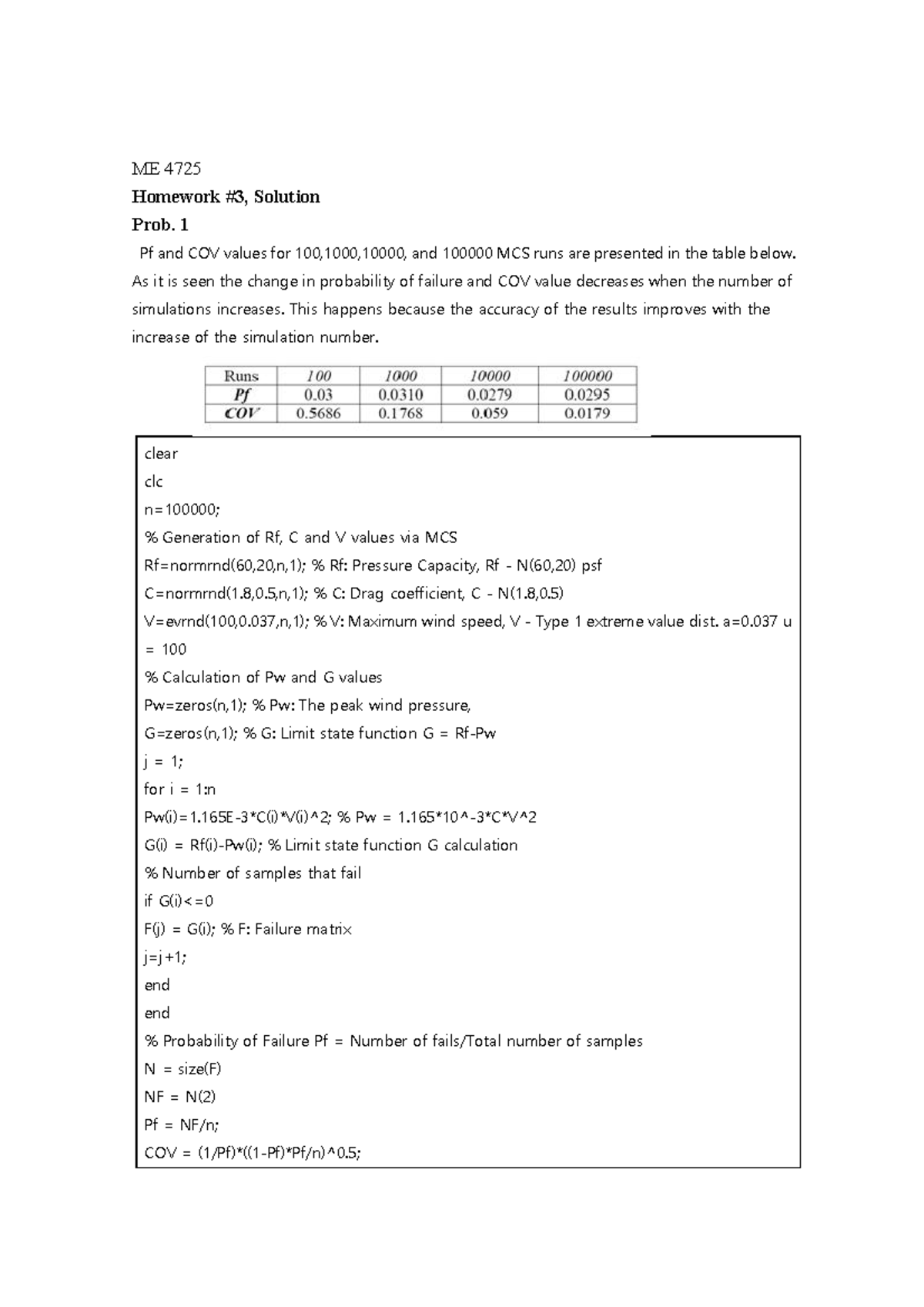 ME4725 HW3 solution - ME 4725 Homework #3, Solution Prob. 1 Pf and COV values for 100,1000,10000 ...