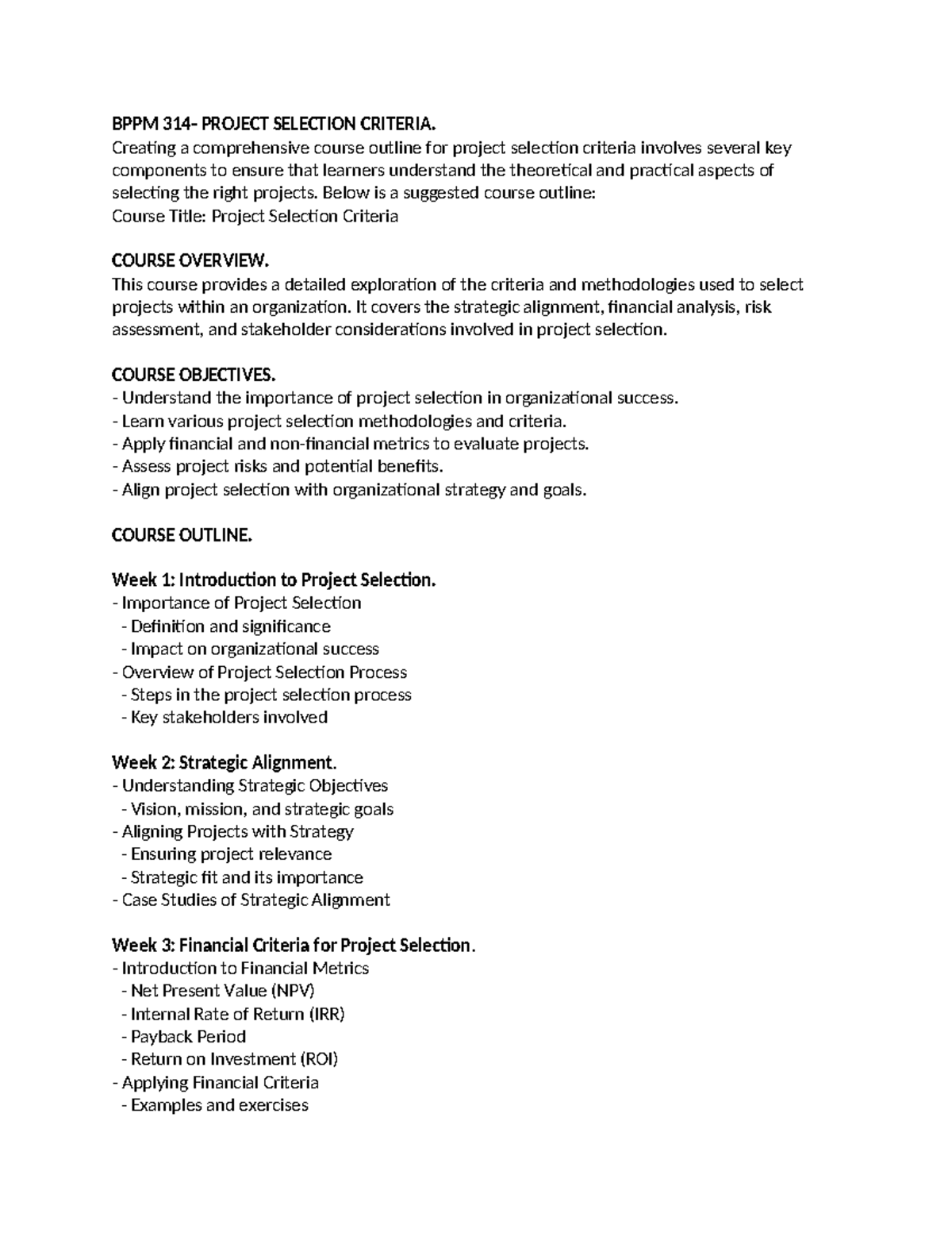 BPPM 314 - well prepared lecture notes in project selection criteria ...