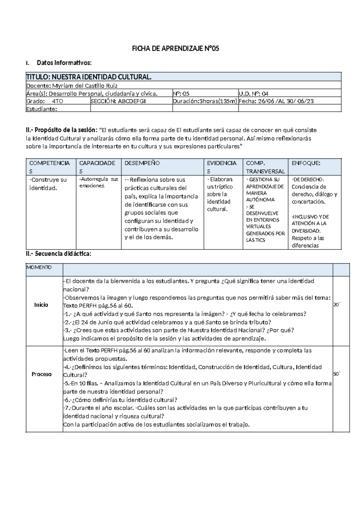 4°DPCC 5 Ficha Nuestra Identidad Cultural 2023 My - FICHA DE APRENDIZAJE N° I. Datos ...