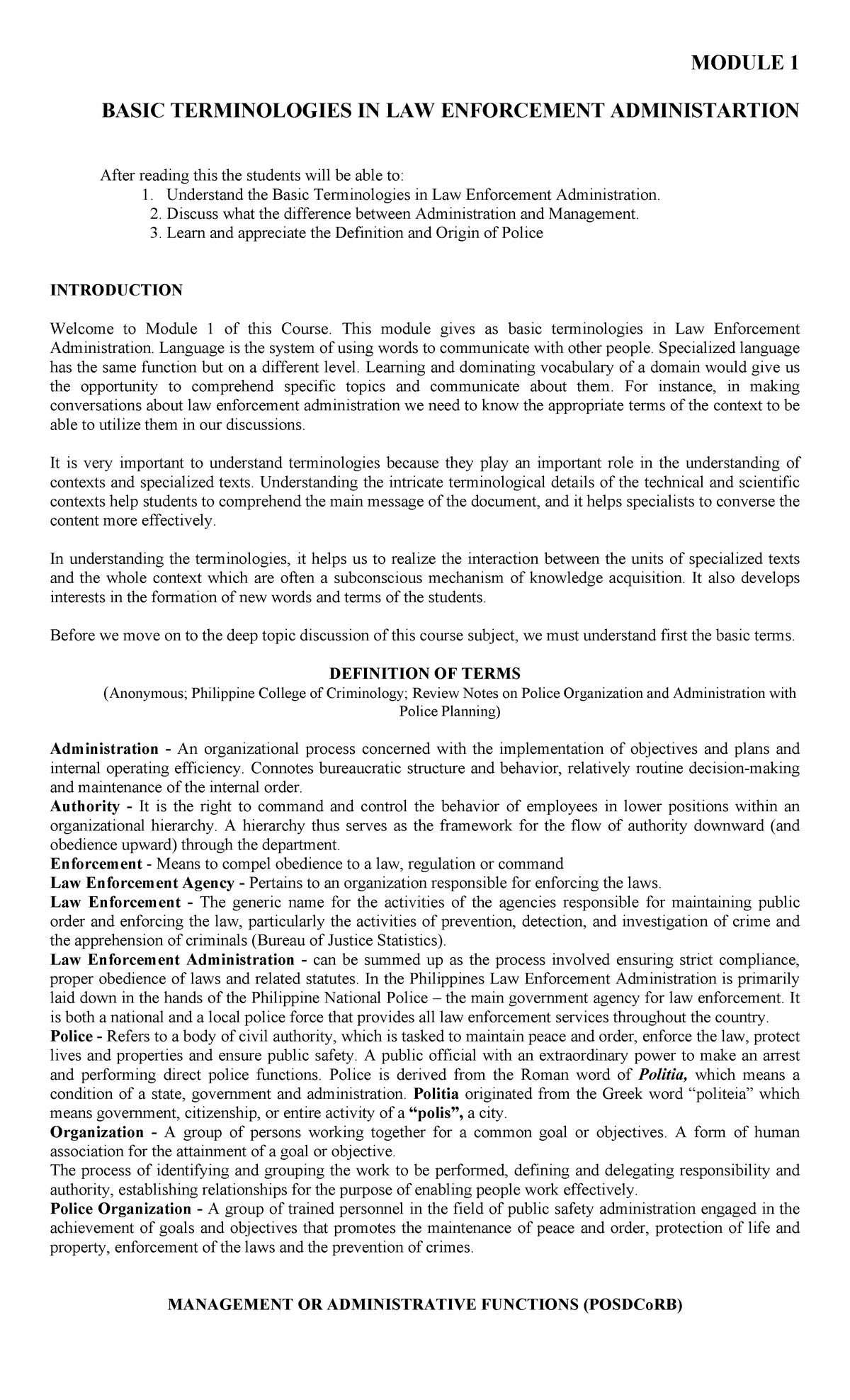 Module 1 AND Module 2 - Law Enforcement Organization and Administration ...