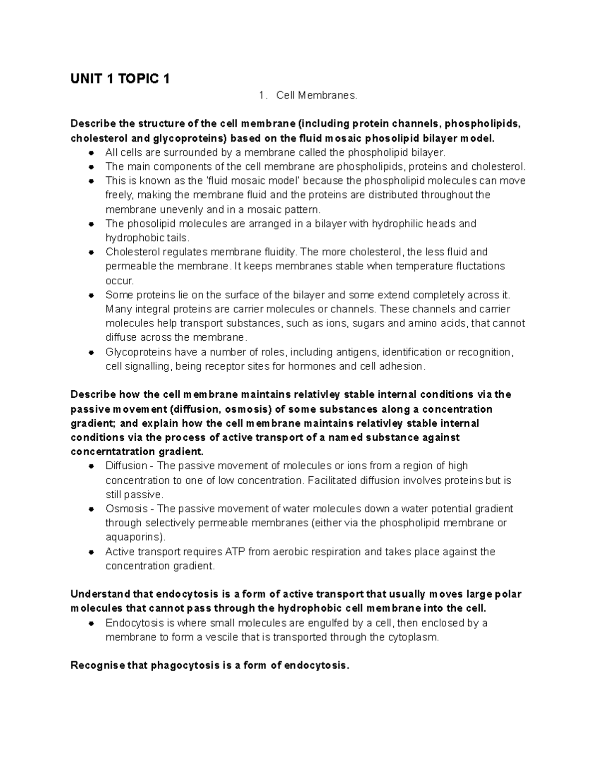Biology Textbook Questions - UNIT 1 TOPIC 1 Cell Membranes. Describe ...