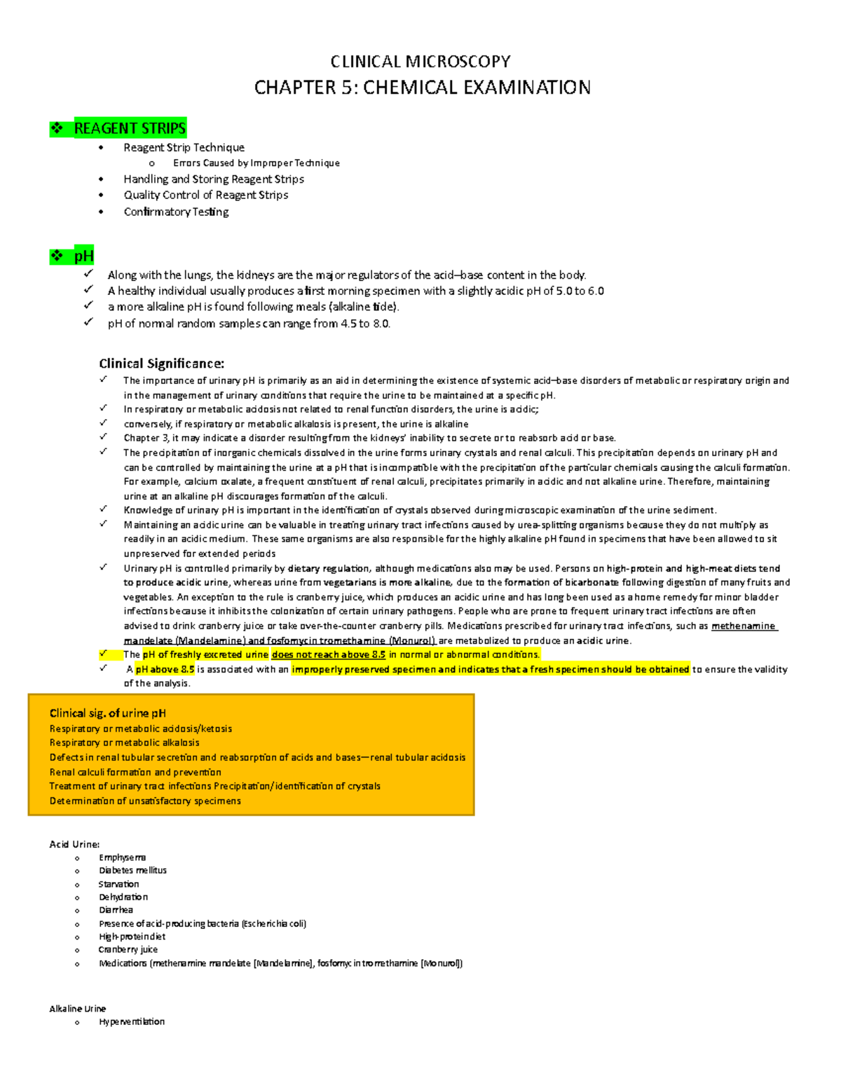 CHAP 5 CLIN CHEM - notes - CHAPTER 5: CHEMICAL EXAMINATION REAGENT ...
