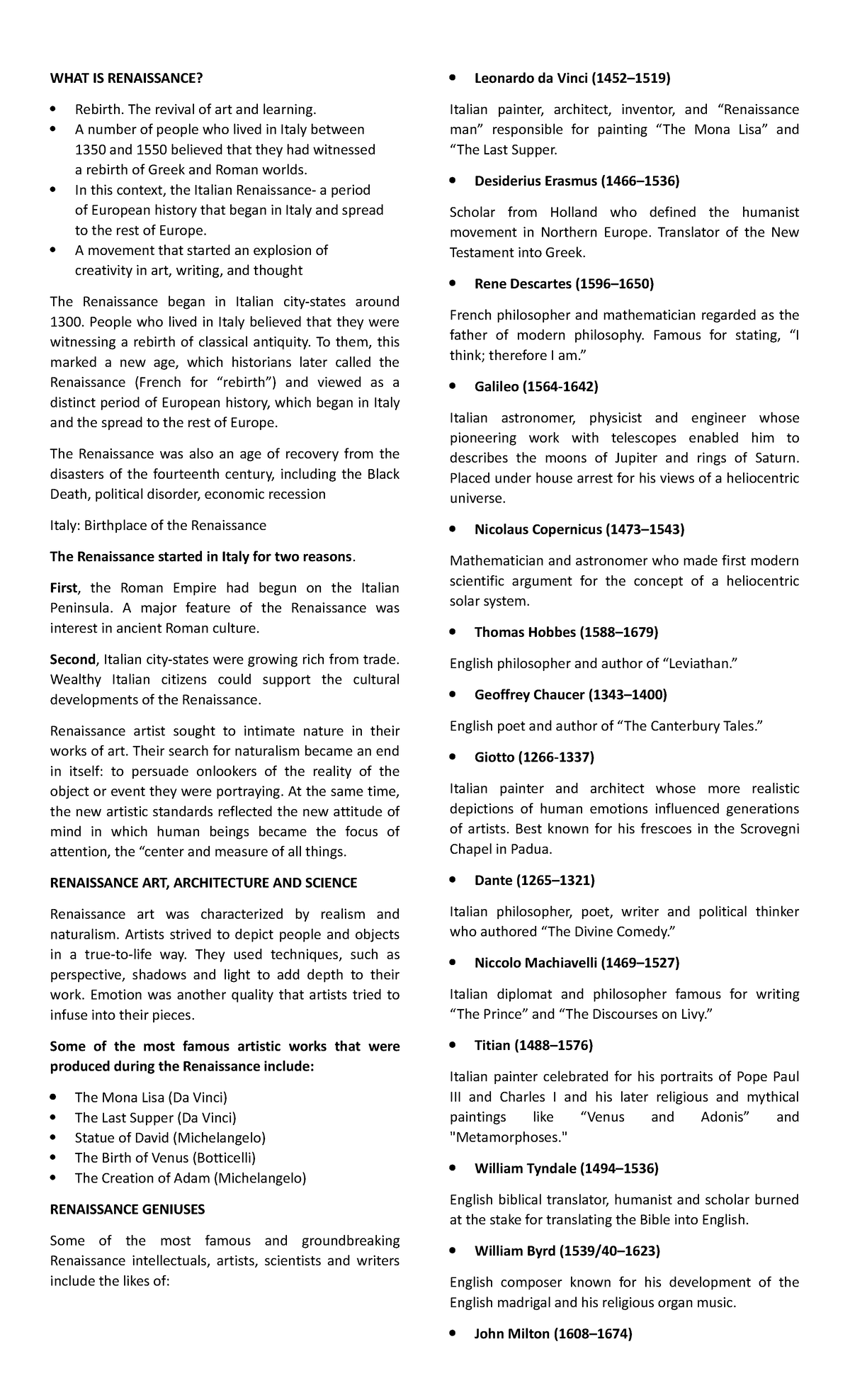 Wh2-reviewer - world history - WHAT IS RENAISSANCE? Rebirth. The ...