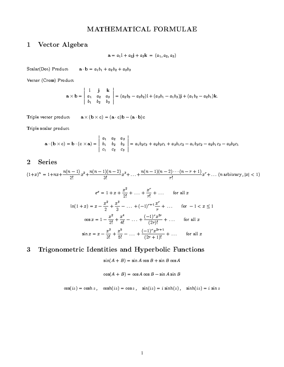1.10 Maths Formula Sheet - MATHEMATICAL FORMULAE 1 Vector Algebra a=a 1 ...