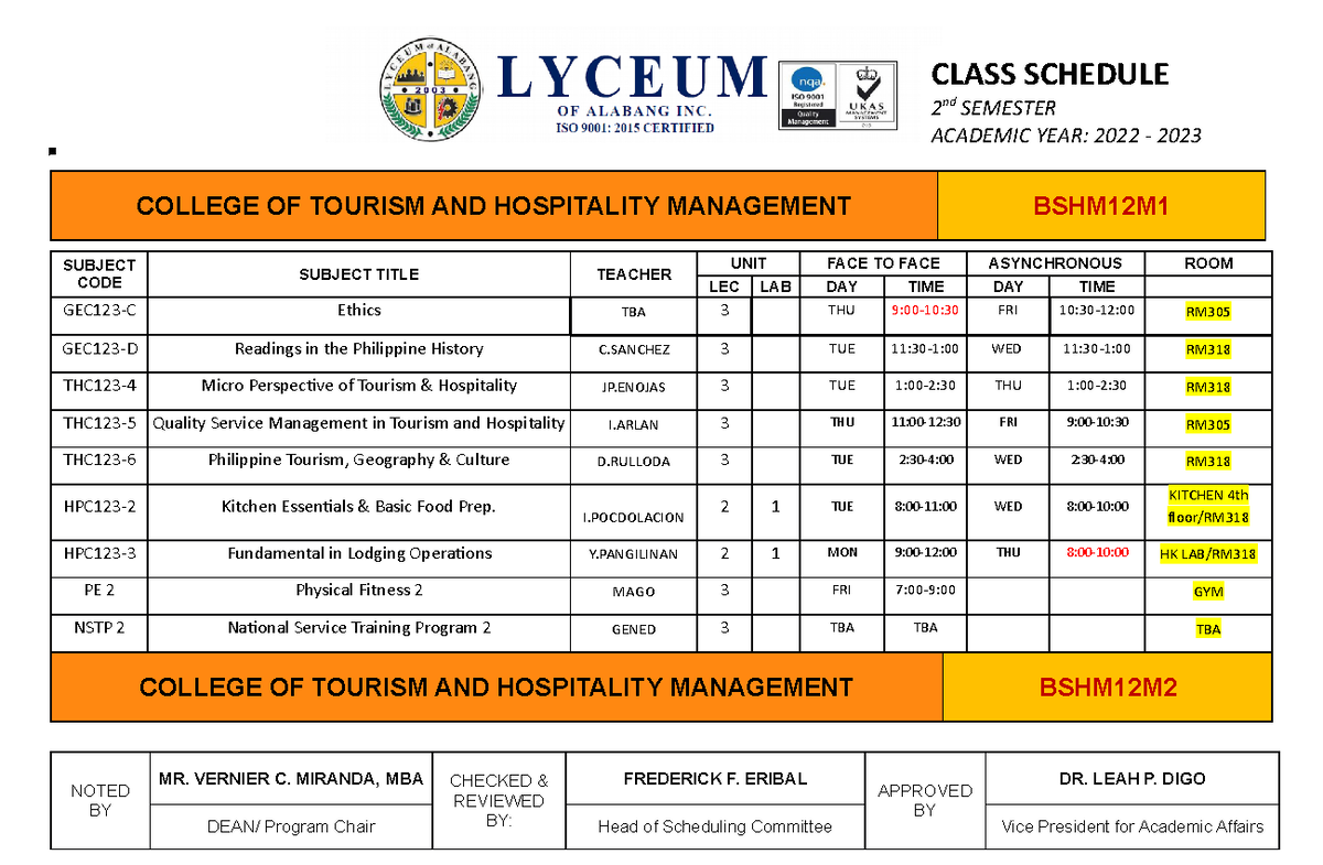 BSHM- Schedule-2ND-SEM-SY22-23 with- Gened with- Rooms rev4 - COLLEGE ...