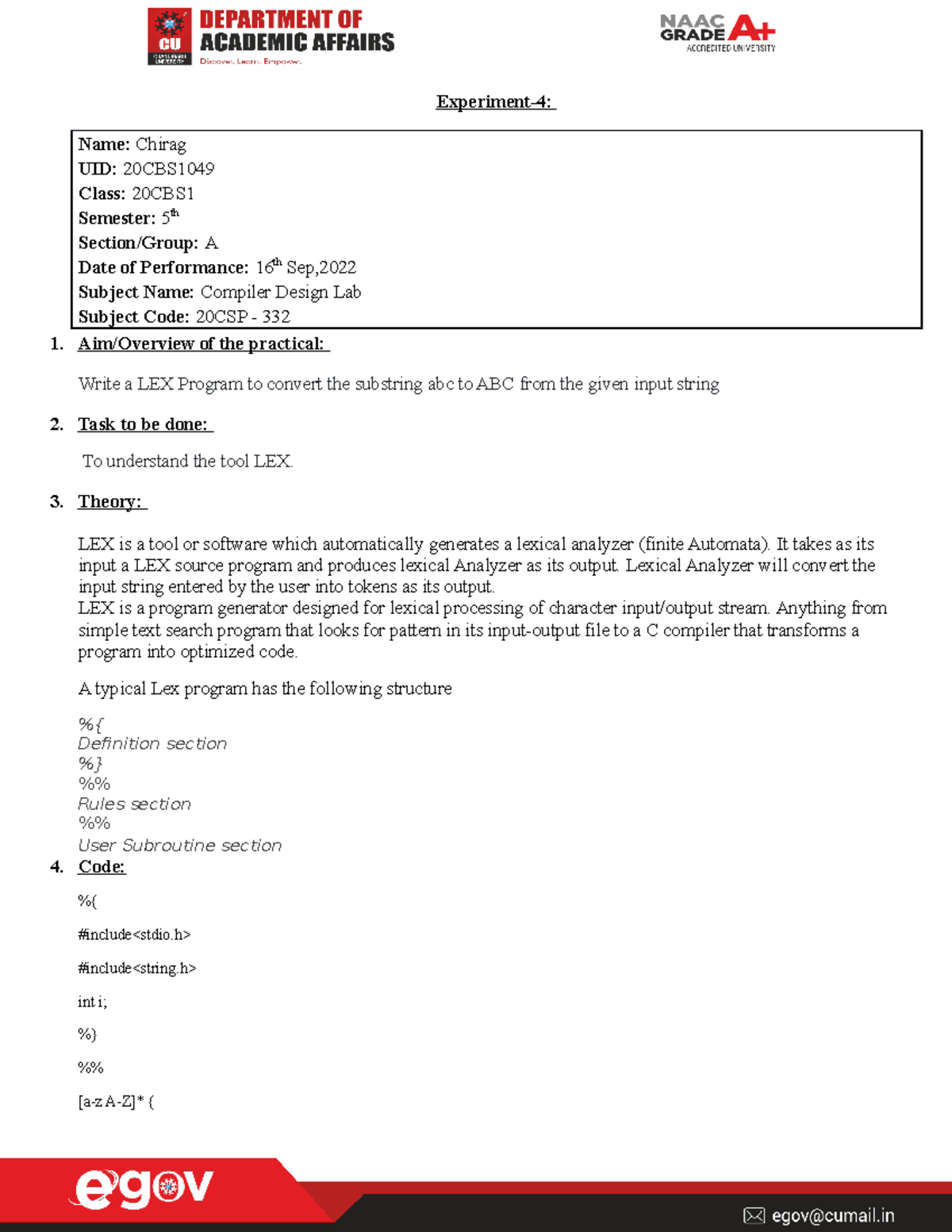 20CBS1049 CD Exp4 - GYG - Experiment-4: Name: Chirag UID: 20CBS Class: 20CBS Semester: 5 th ...