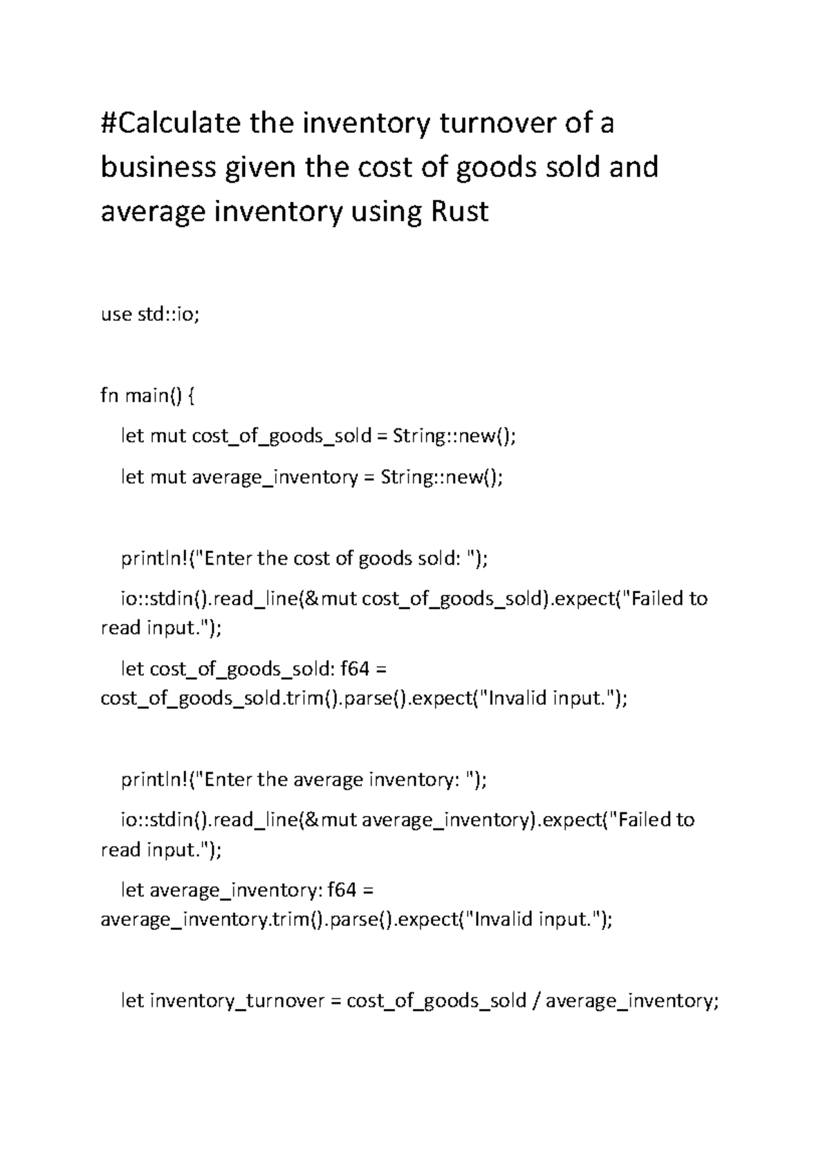 Goods sold and average inventory using Rust - #Calculate the inventory ...