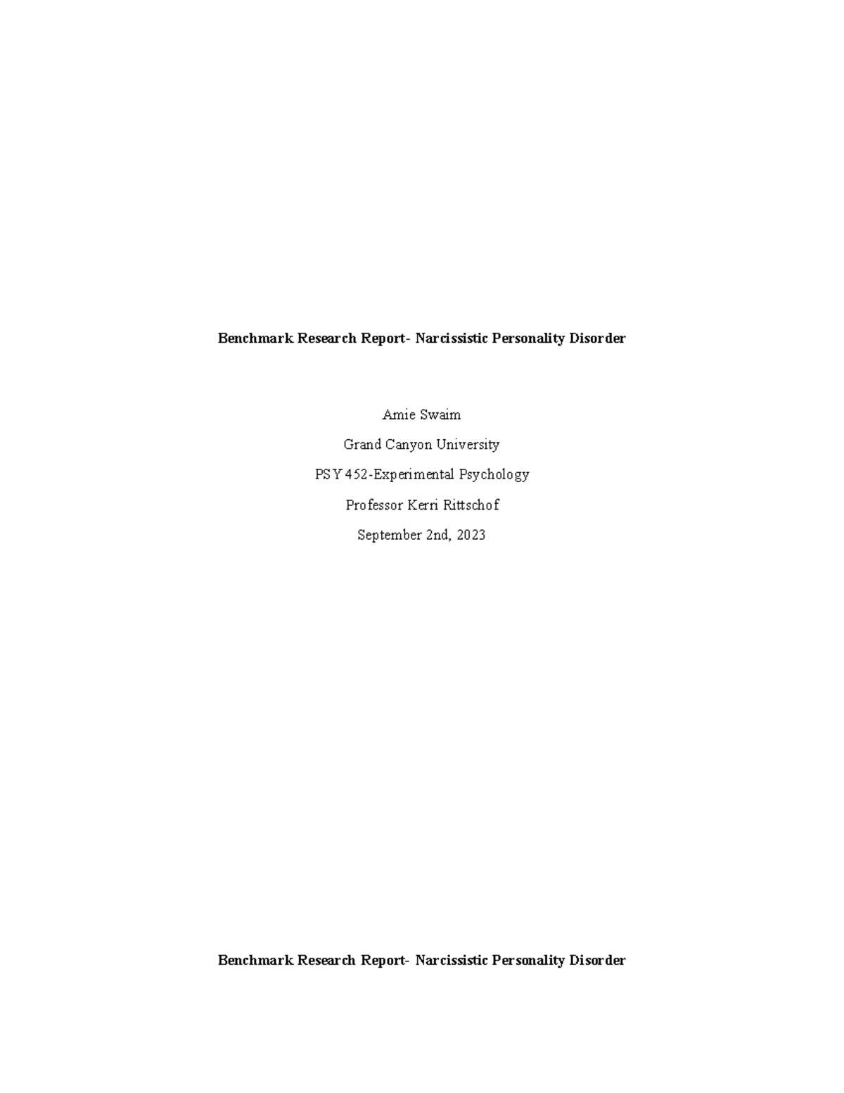 Benchmark Research Report- Narcissistic Personality Disorder- Amie ...