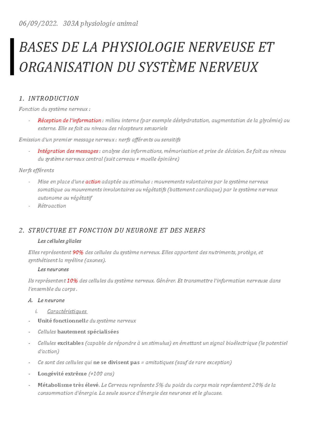 Système nerveux - 06/09/2022. 303A physiologie animal BASES DE LA PHYSIOLOGIE NERVEUSE ET - Studocu