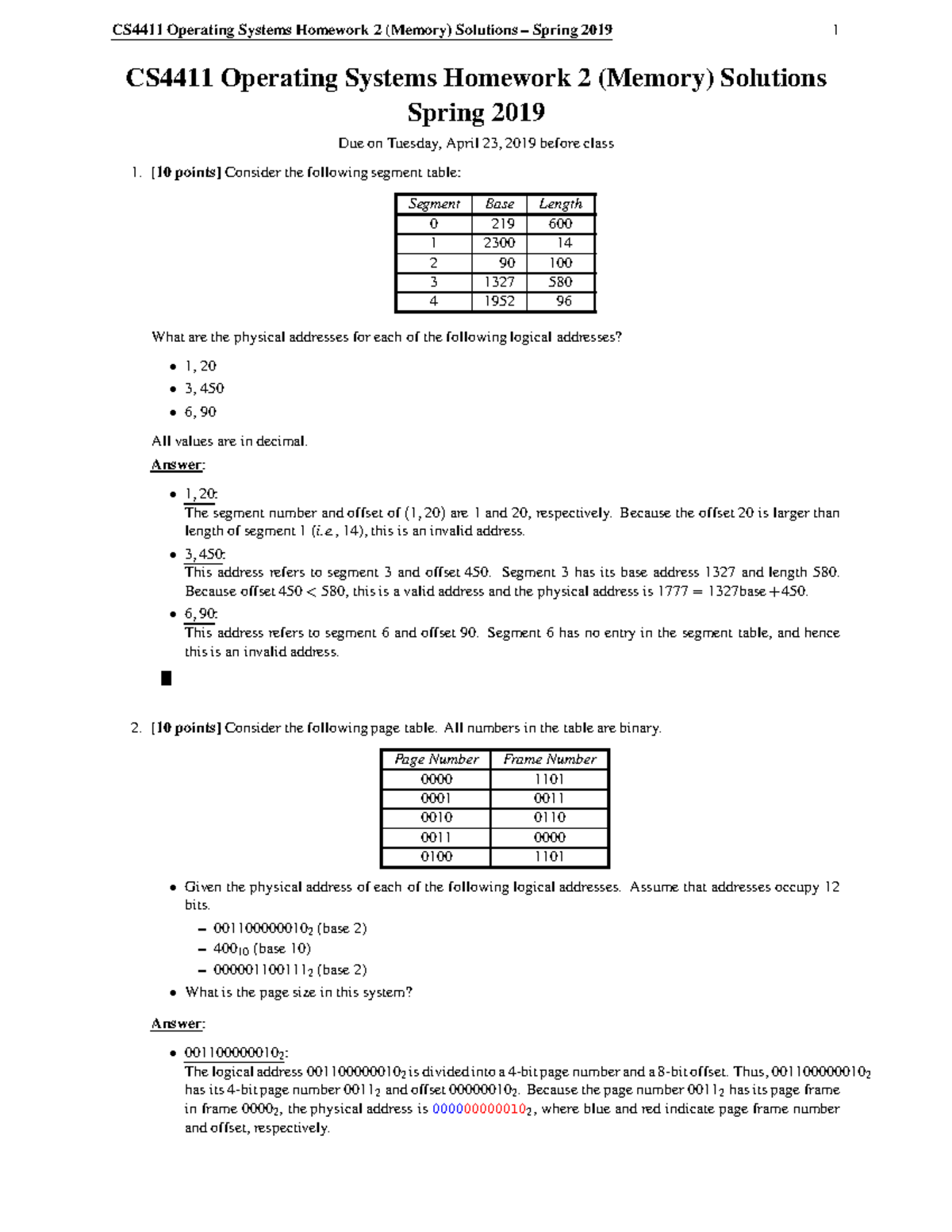 Hm2-sol - aaaaaaaaaaaaaaaaaaaaaaaa - CS4411 Operating Systems Homework 2 (Memory) Solutions ...